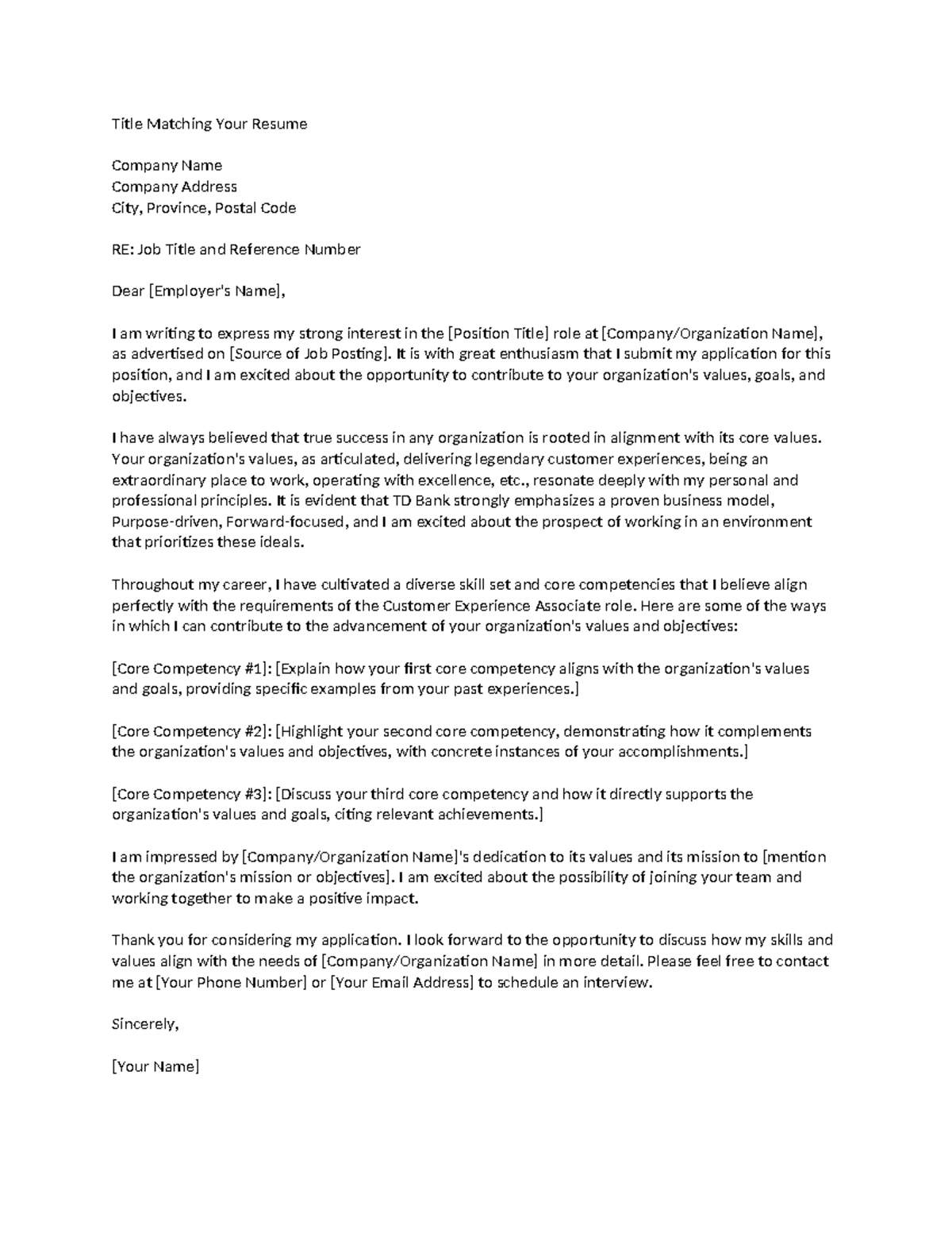 Values Based Cover Letter Template 13 - Title Matching Your Resume ...