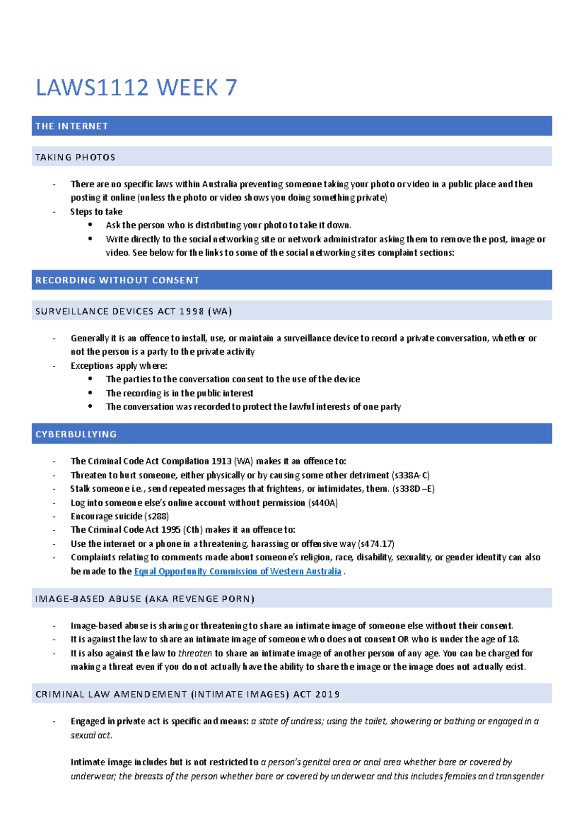 Laws1112 week 7 - Notes - LAWS1112 WEEK 7 THE INTERNET TAKING PHOTOS ...