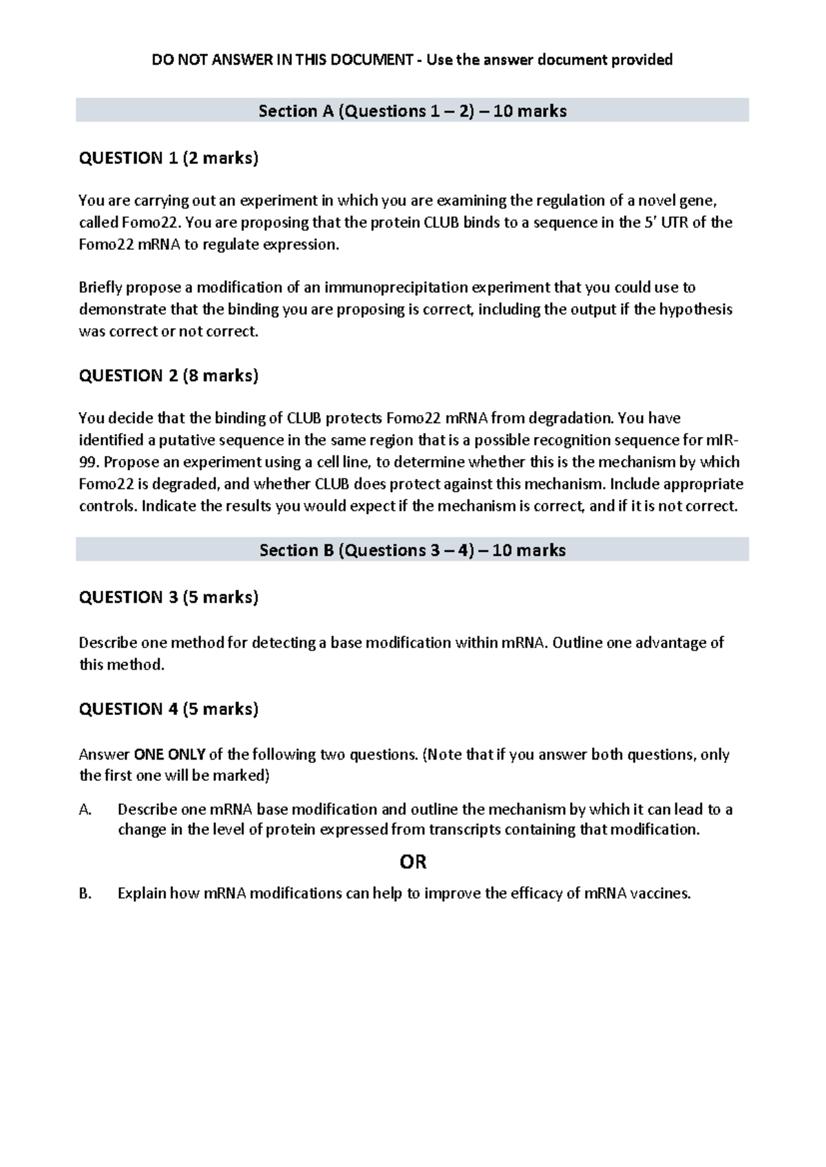BCMB30012 EOS 2021 Exam - Section A (Questions 1 – 2) – 10 marks ...
