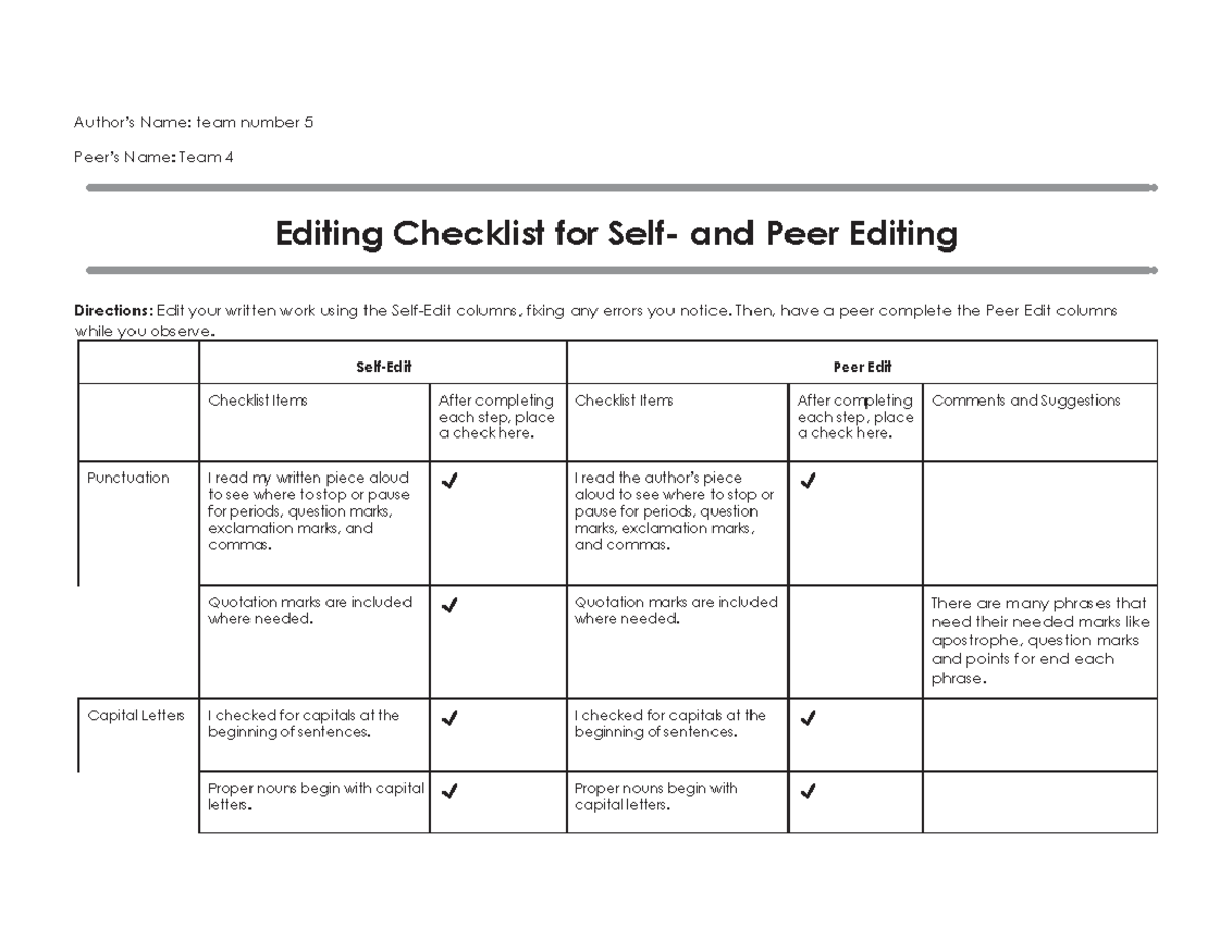 Editing Checklist 2 - Author’s Name: team number 5 Peer’s Name: Team 4 ...