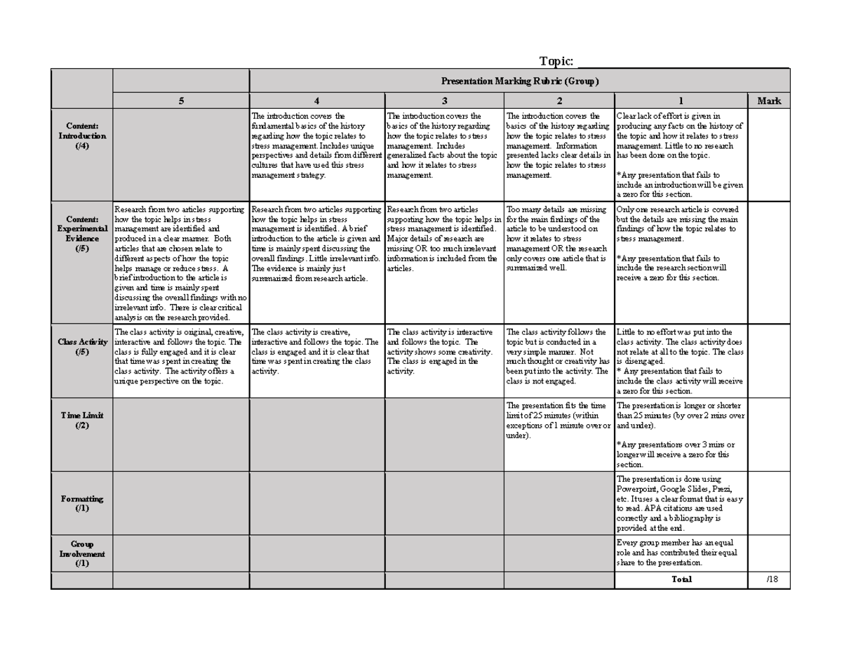 Group Presentation Marking Rubric-1 - Topic: _________________________________ Presentation ...
