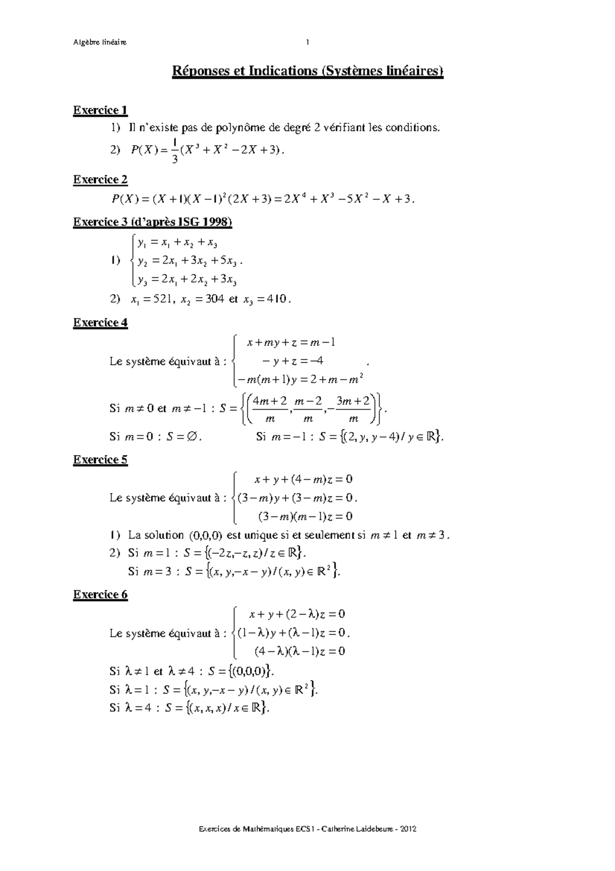 01 Systemes lineaires Indications et reponses - Algèbre linéaire 1 ...