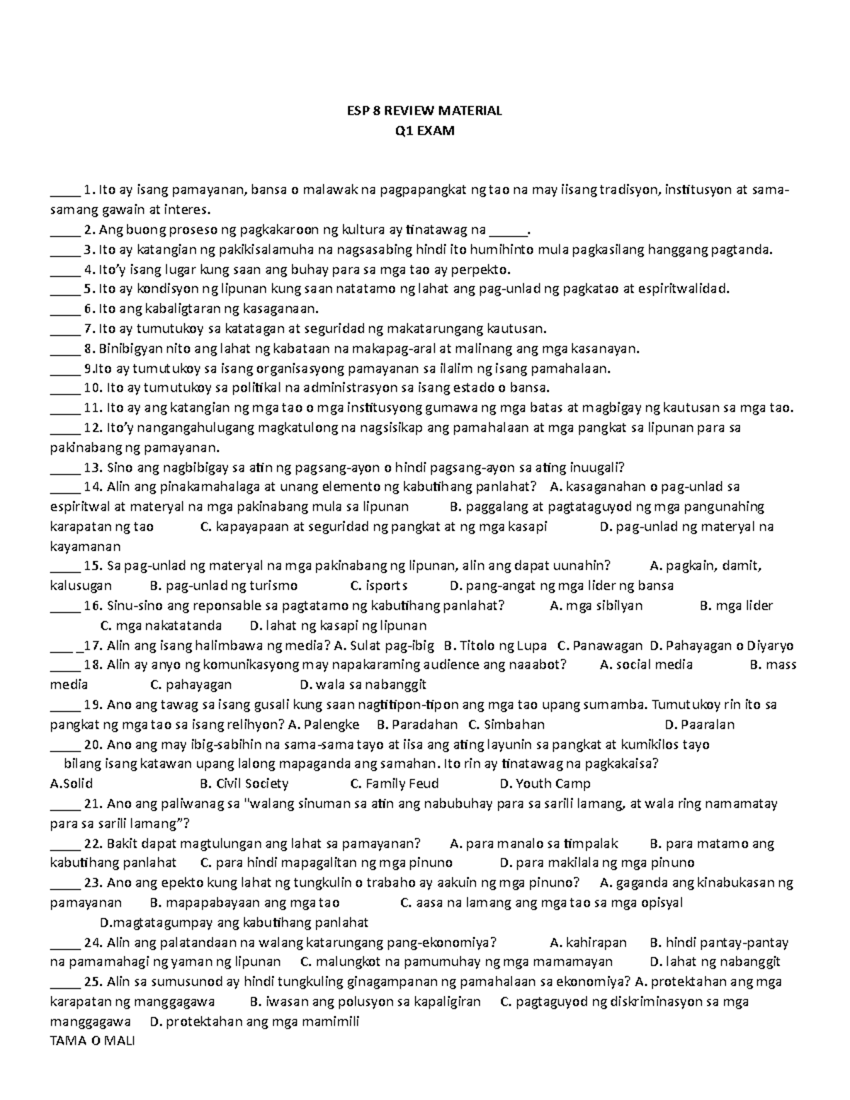 ESP 9 Review Material Q1 EXAM - ESP 8 REVIEW MATERIAL Q1 EXAM ____ 1 ...