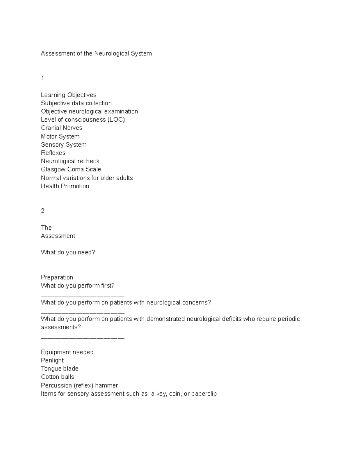 CNUR 107 Lecture 12 - CNUR 107 - Assessment of the Neurological System ...