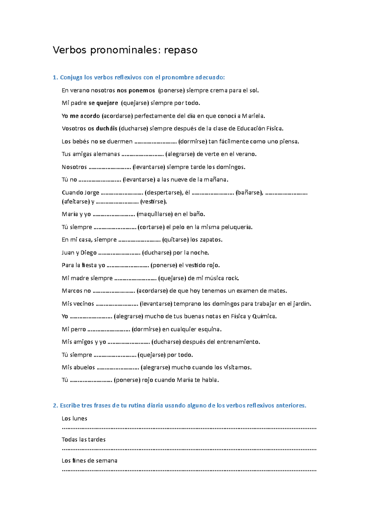 Verbos pronominales - Verb revision - Verbos pronominales: repaso ...