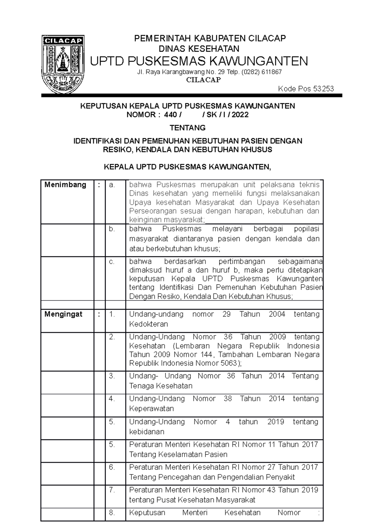 SK Pelayanan Pasien Kondisi Tertentu - PEMERINTAH KABUPATEN CILACAP DINAS KESEHATAN UPTD ...