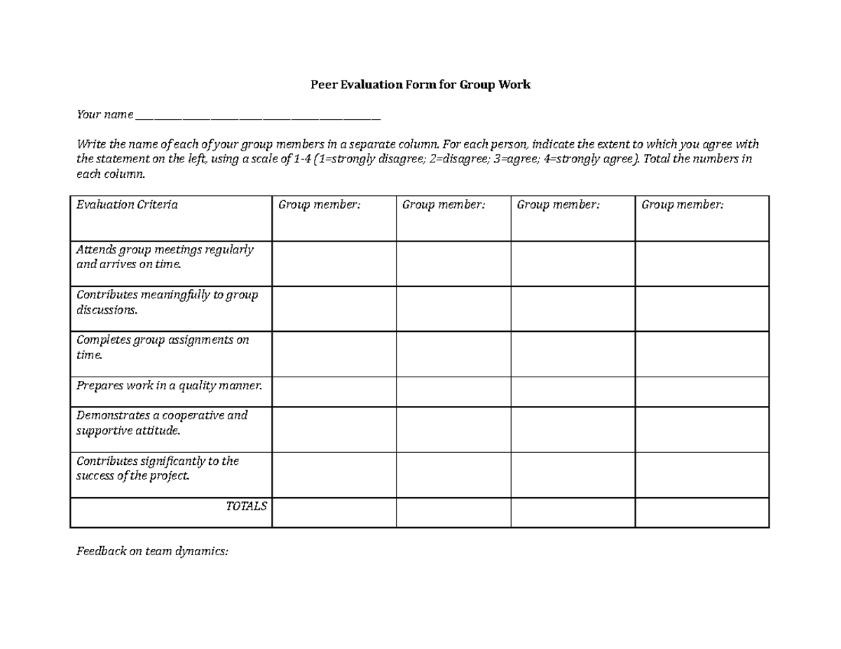 Peer Eval-Group Work-formsample 1 - Peer Evaluation Form for Group Work ...