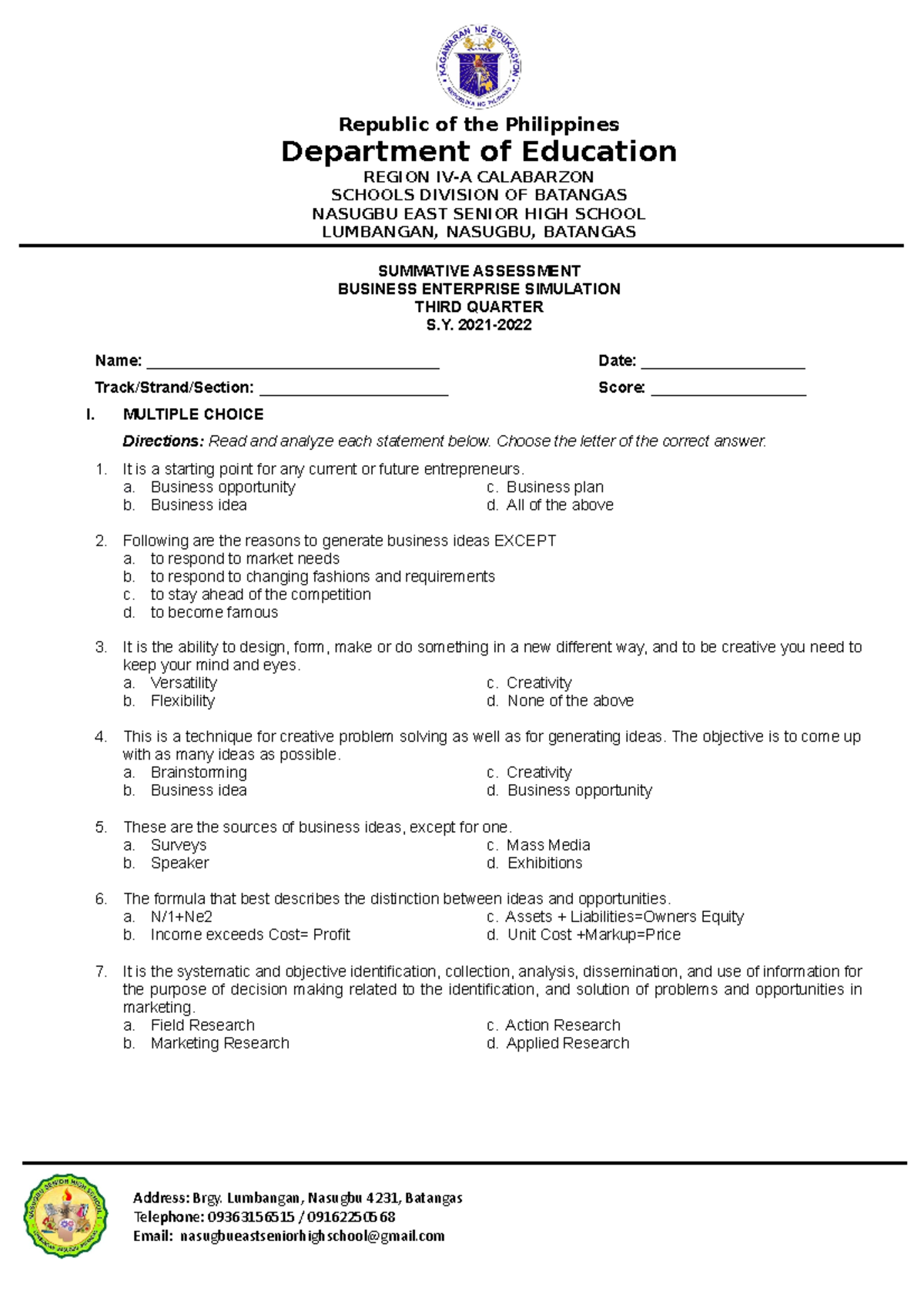 Summative- Assessment 3rd-Quarter Work-Immersion - Republic of the ...