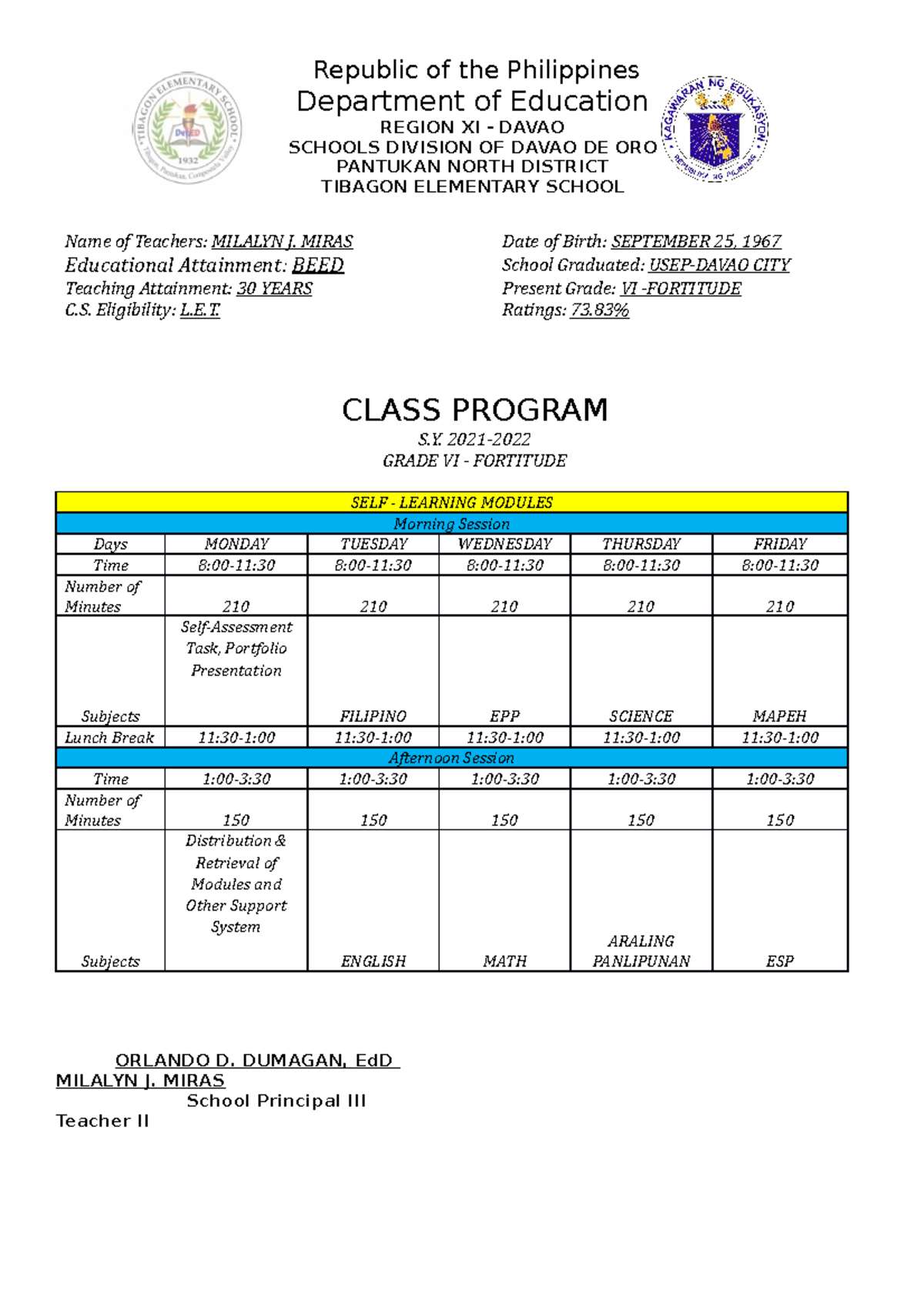 Class program - asd - Republic of the Philippines Department of ...
