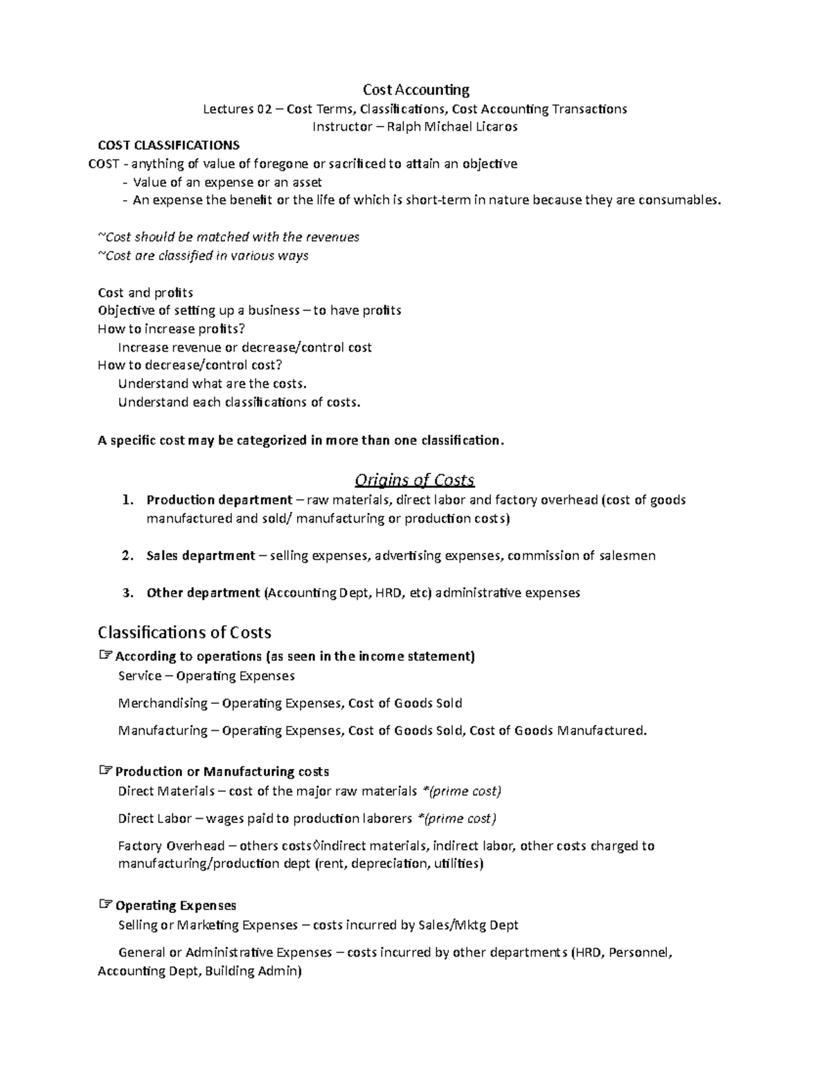 Cost Accounting notes - Cost Accounting Lectures 02 – Cost Terms ...