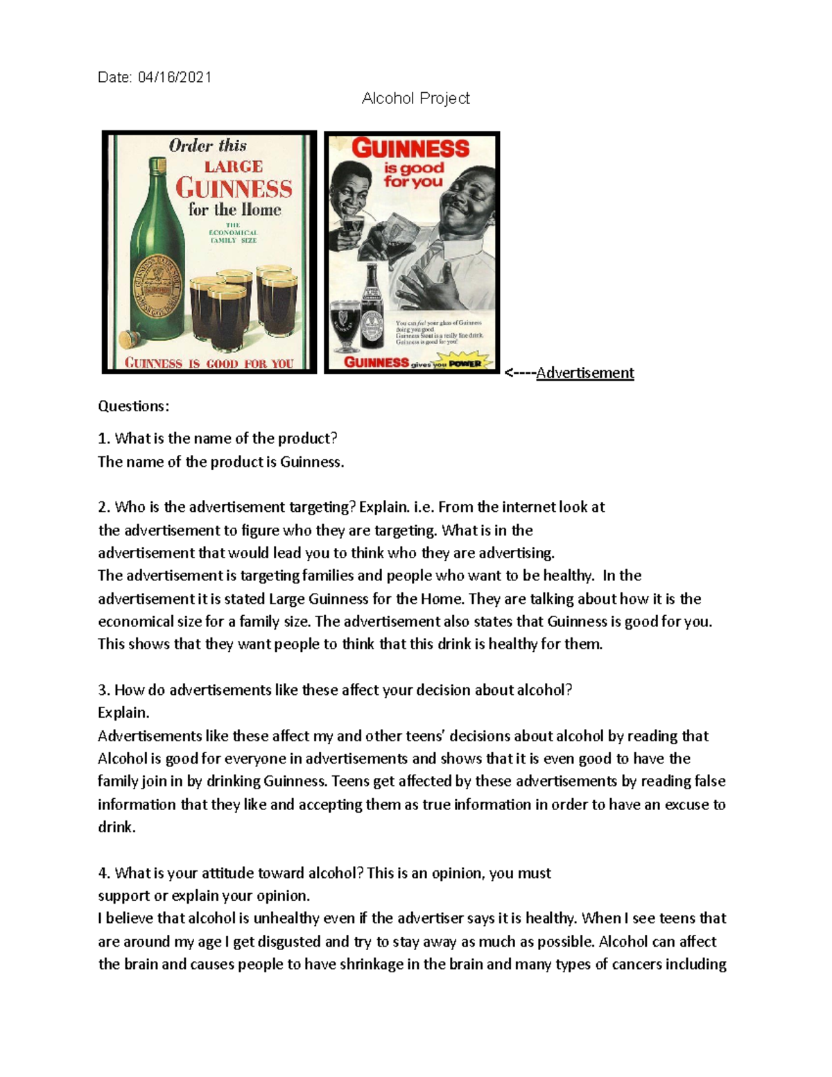 - Alcohol Project - Health Class - Date: 04/16/ Alcohol Project