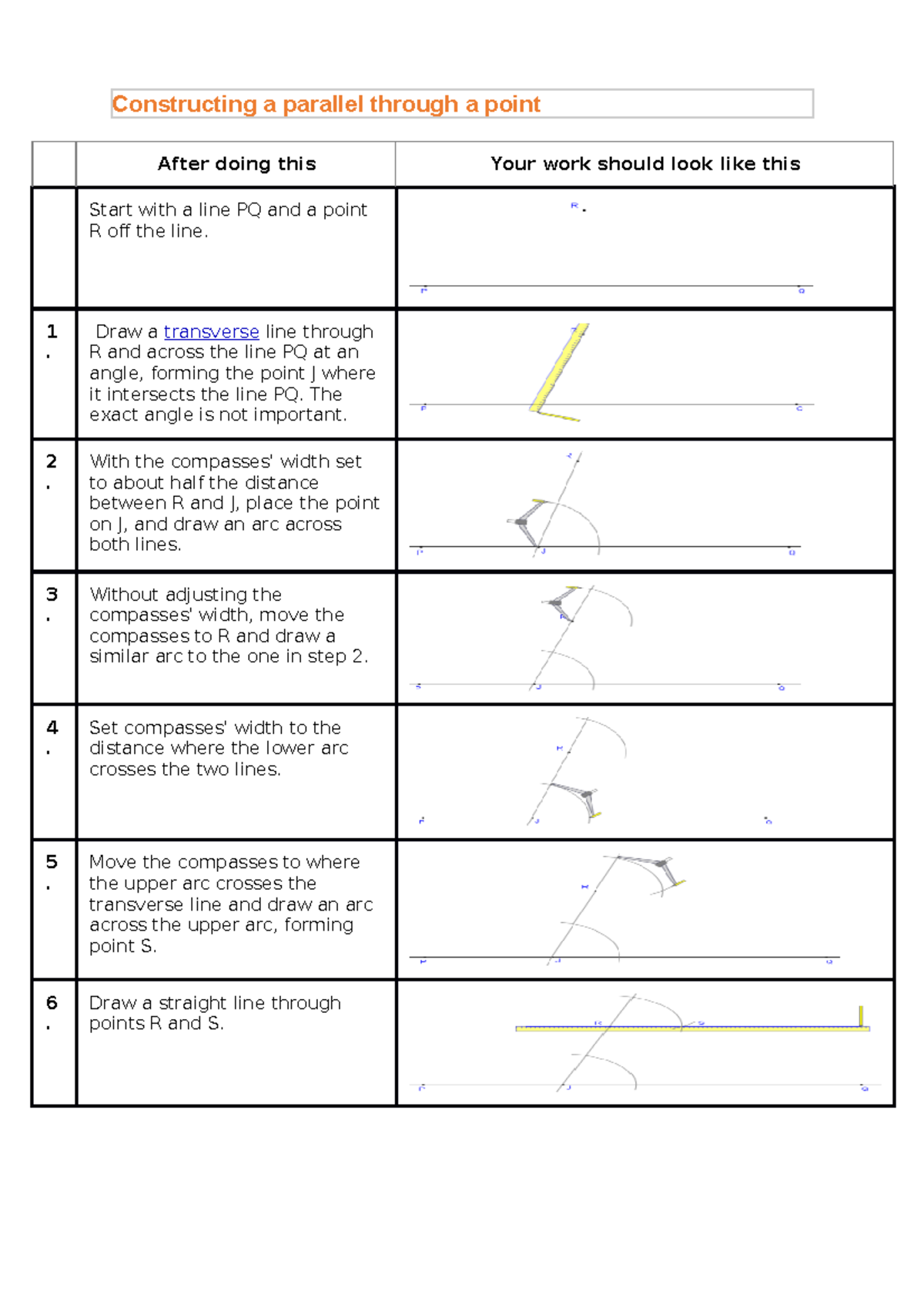 7 Constructing a parallel through a point - 1 . Draw a transverse line ...