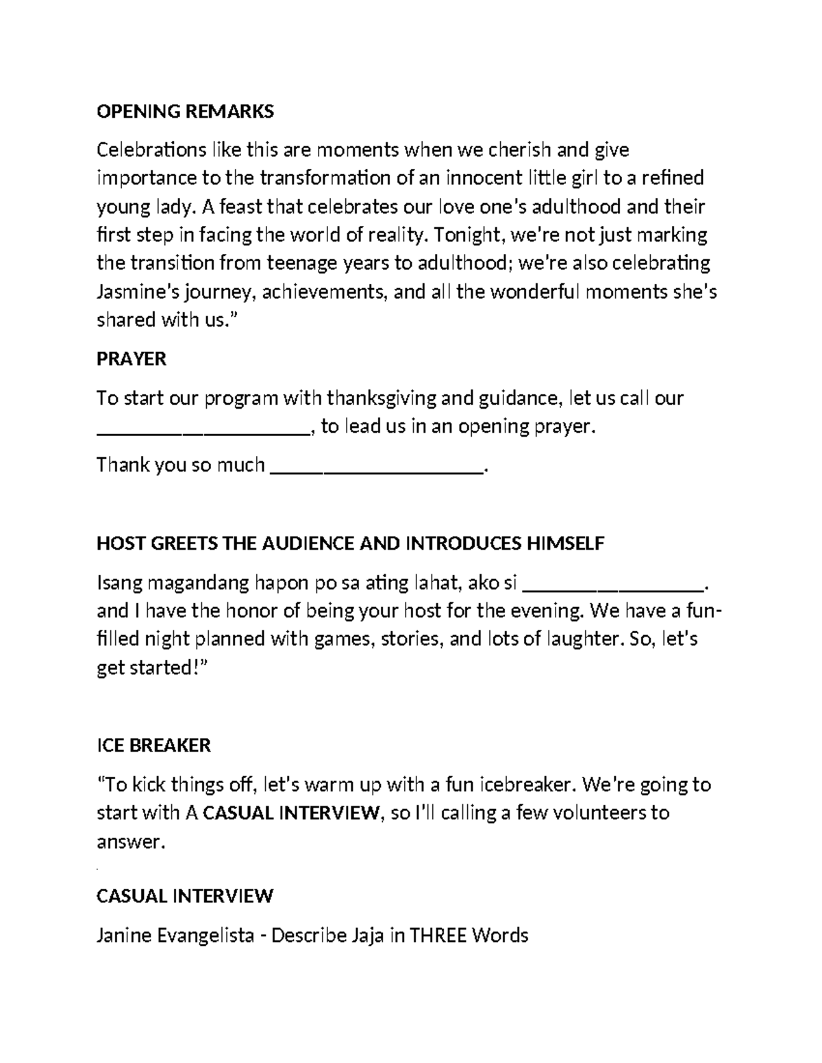 Debut script - A Clear flow of an 18th birthday program - OPENING ...