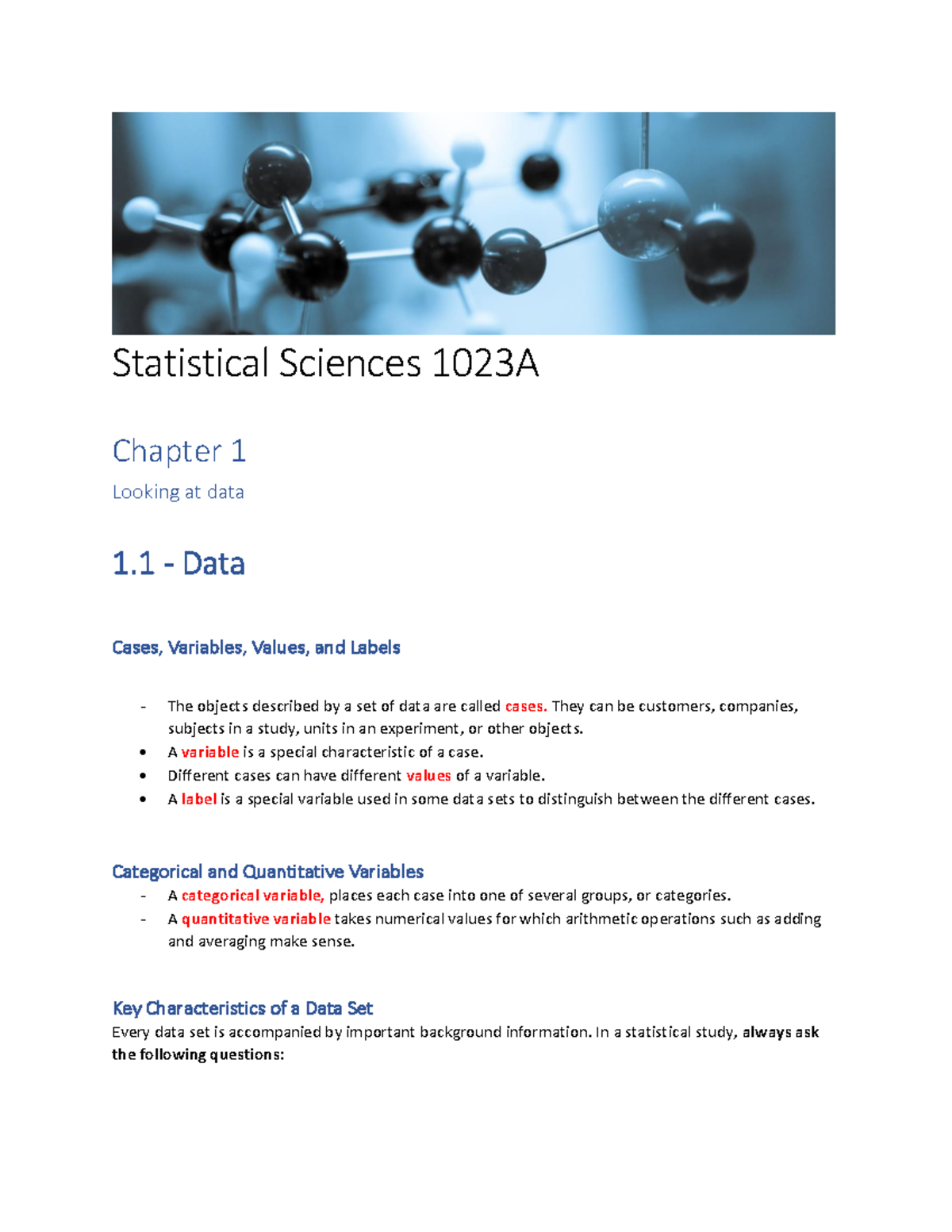 Stats - Statistical Sciences 1023A Chapter 1 Looking at data 1. 1 - Data Cases, Variables ...