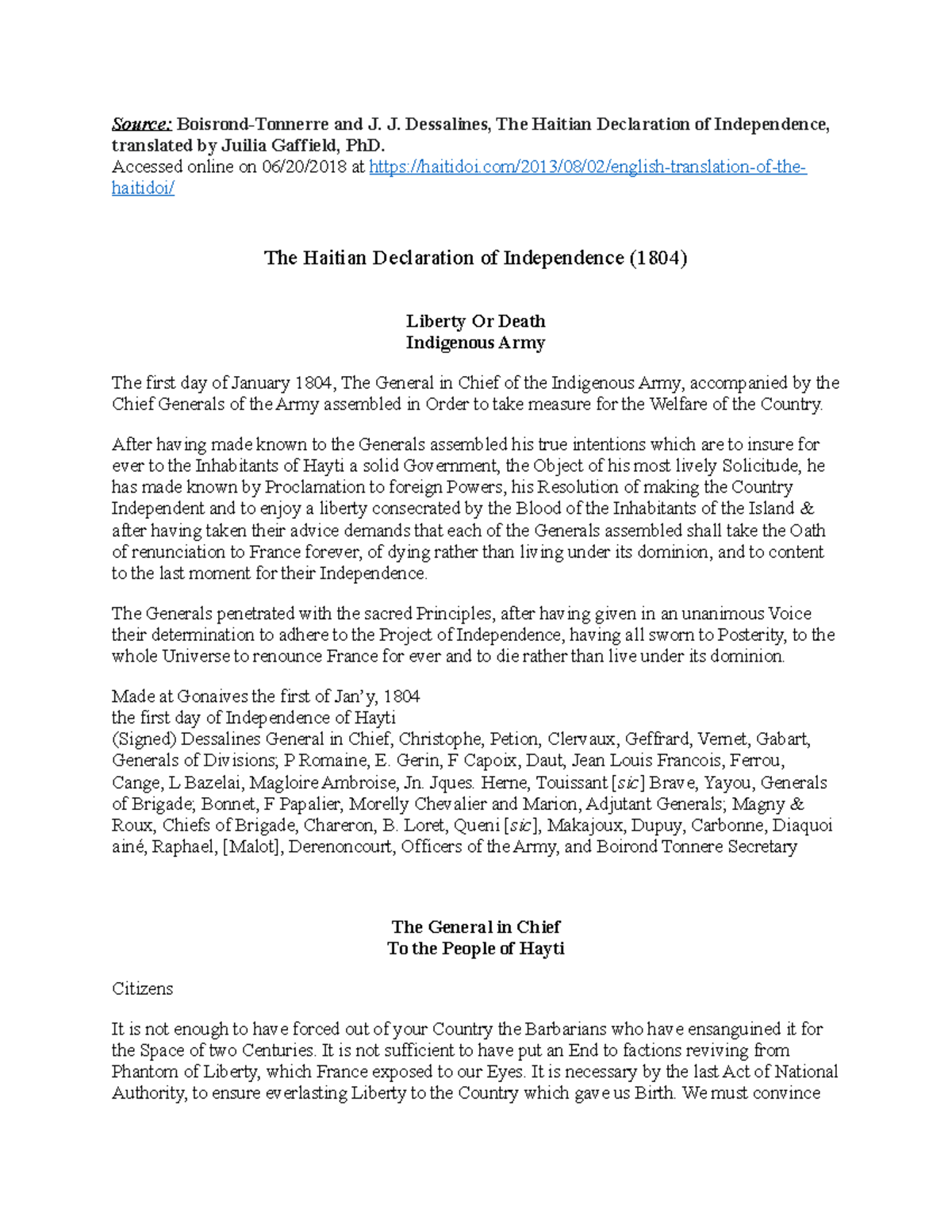 The Hatian Declaration of Independence - Source: Boisrond-Tonnerre and ...