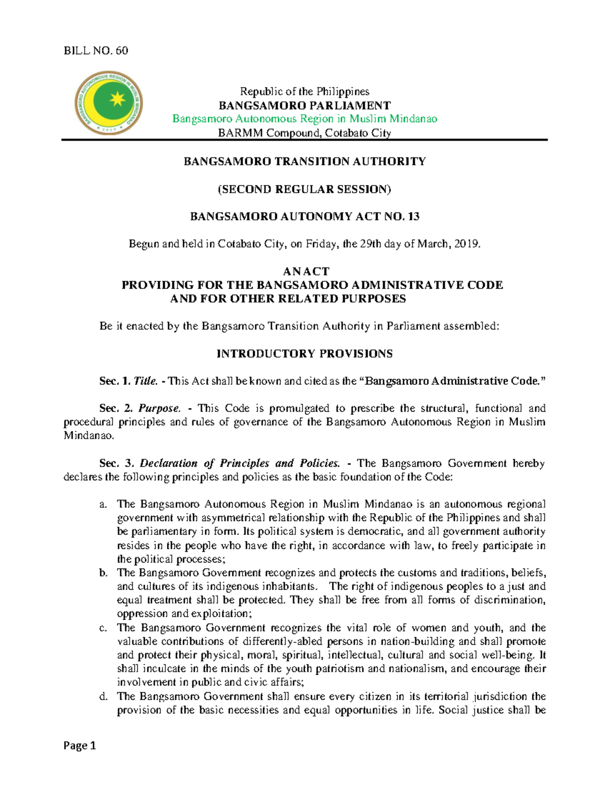 Bangsamoro Administrative Code - BILL NO. 60 Republic of the ...