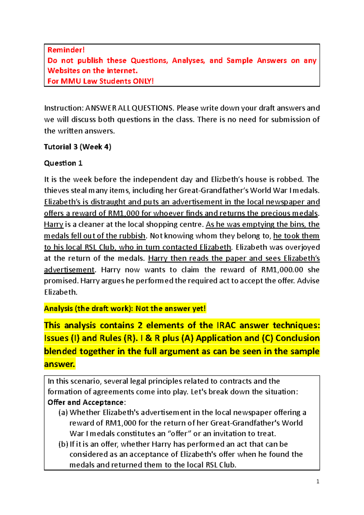 Tutorial 3 (WEEK 4) - Reminder! Do not publish these Questions ...