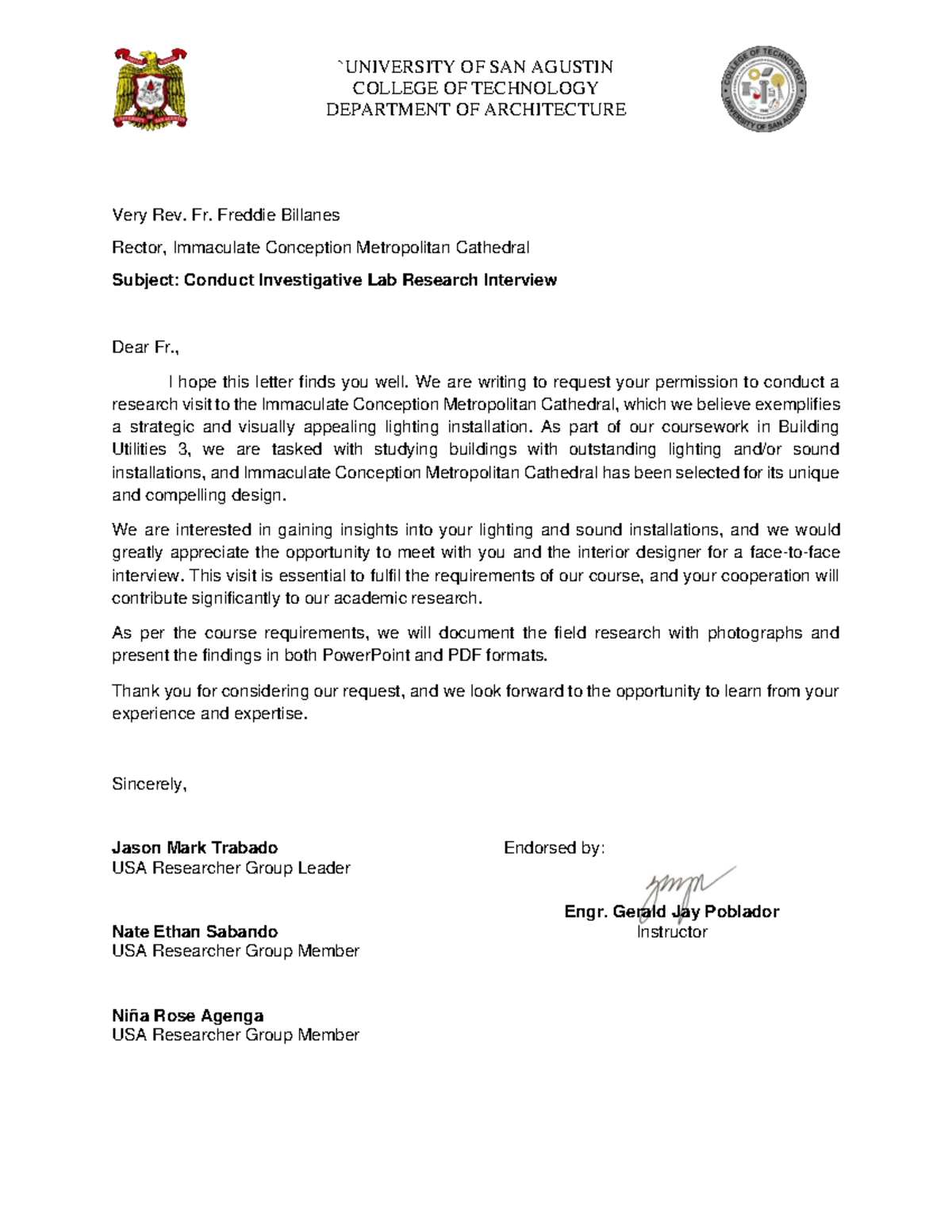 Immaculate Conception Sample letter for architecture students and ...