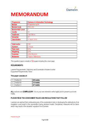 Programming 2A Sick Test Memorandum - Module Name MEMORANDUM Programme ...