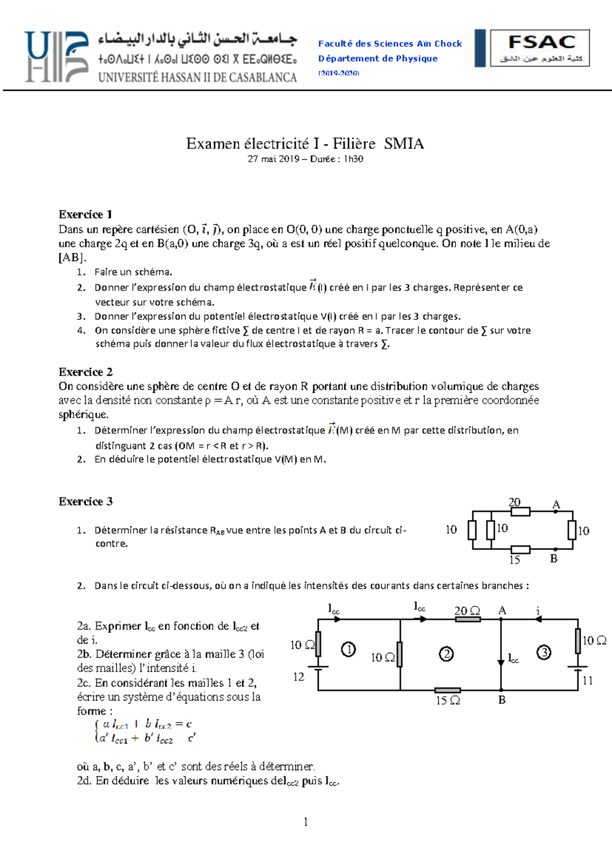 2019 Examen SMIA électricité S2 avec corrigé - Département de Physique ...