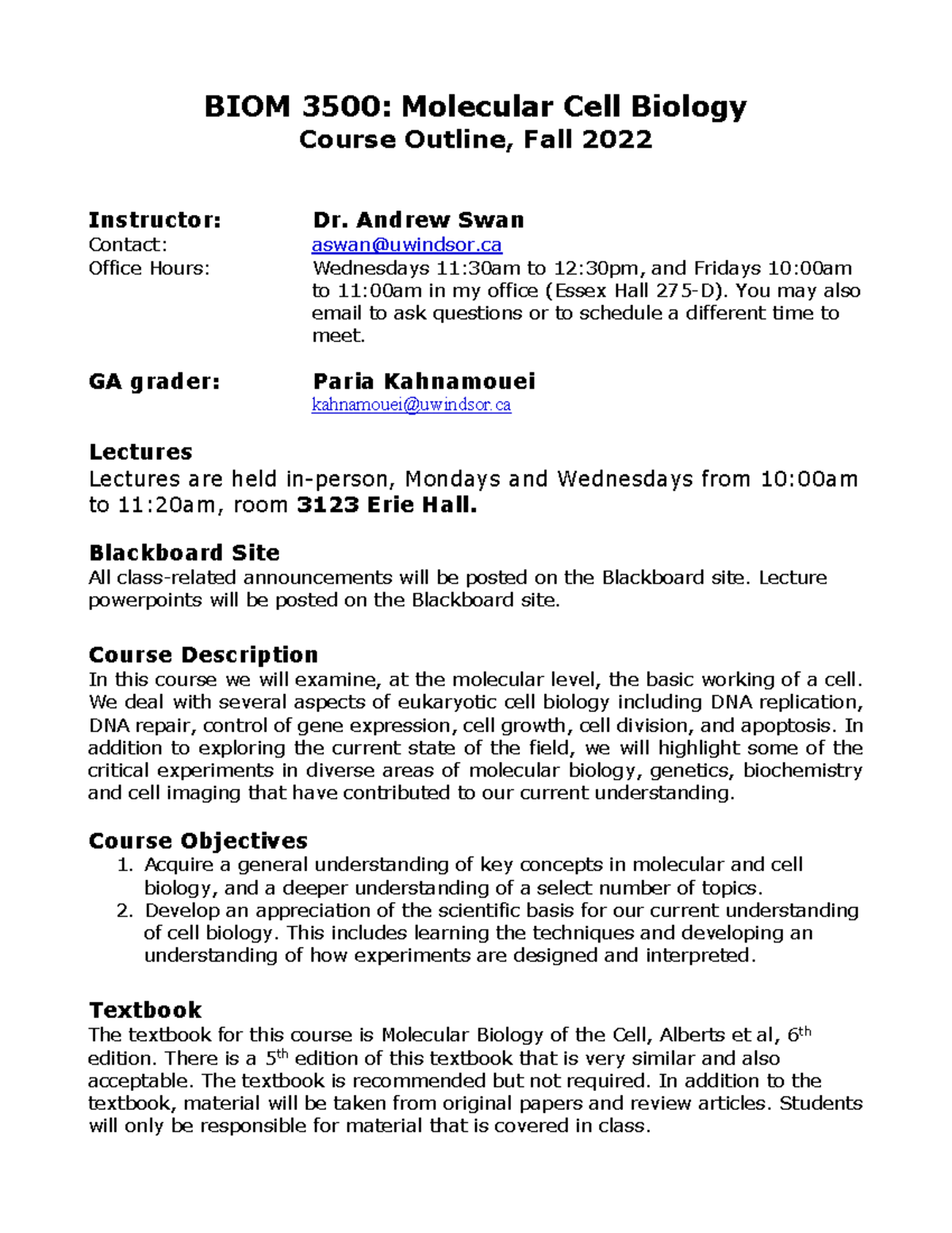 BIOM-3500-2022F - BIOM 3500: Molecular Cell Biology Course Outline ...