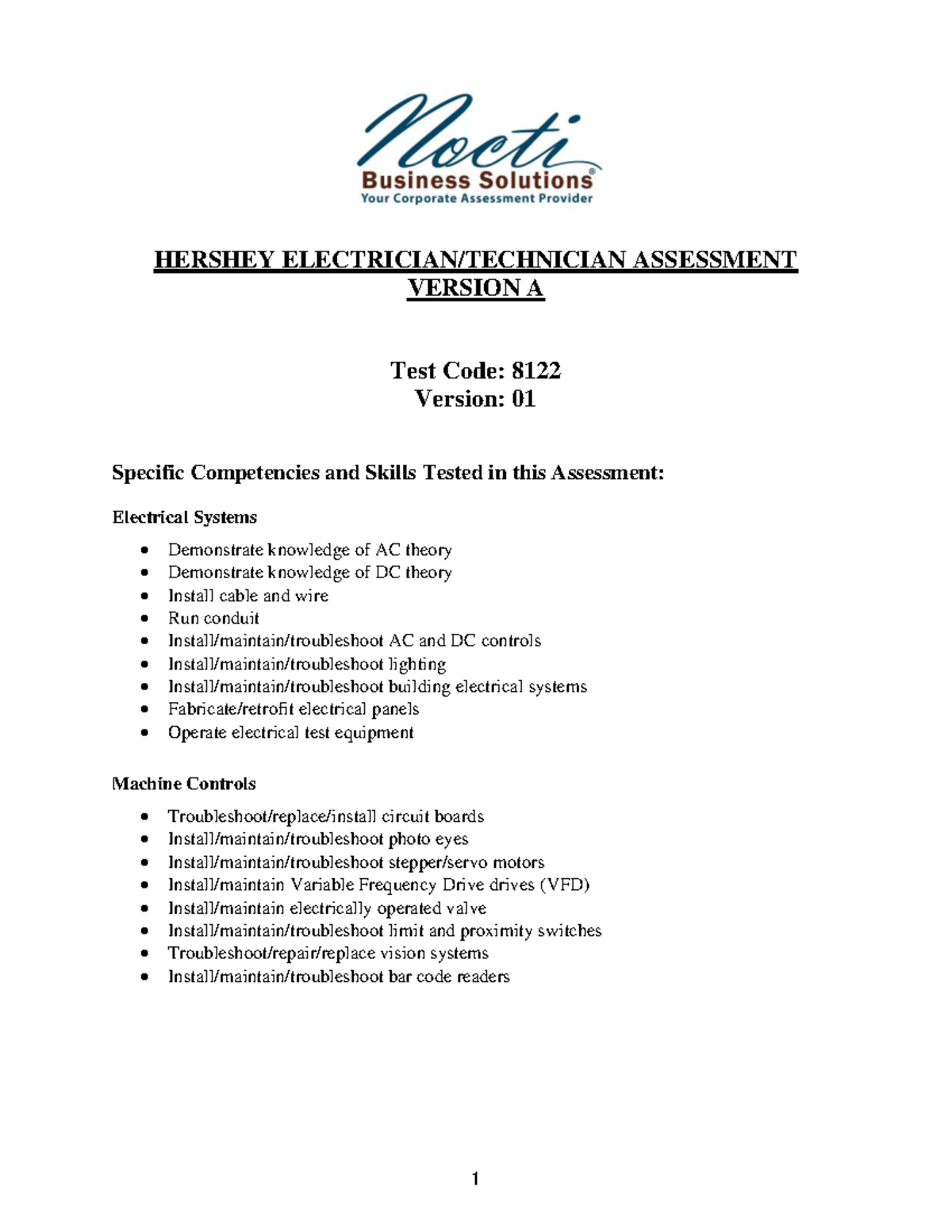 Electrical Skills Assessment Blueprint - HERSHEY ELECTRICIAN/TECHNICIAN ...