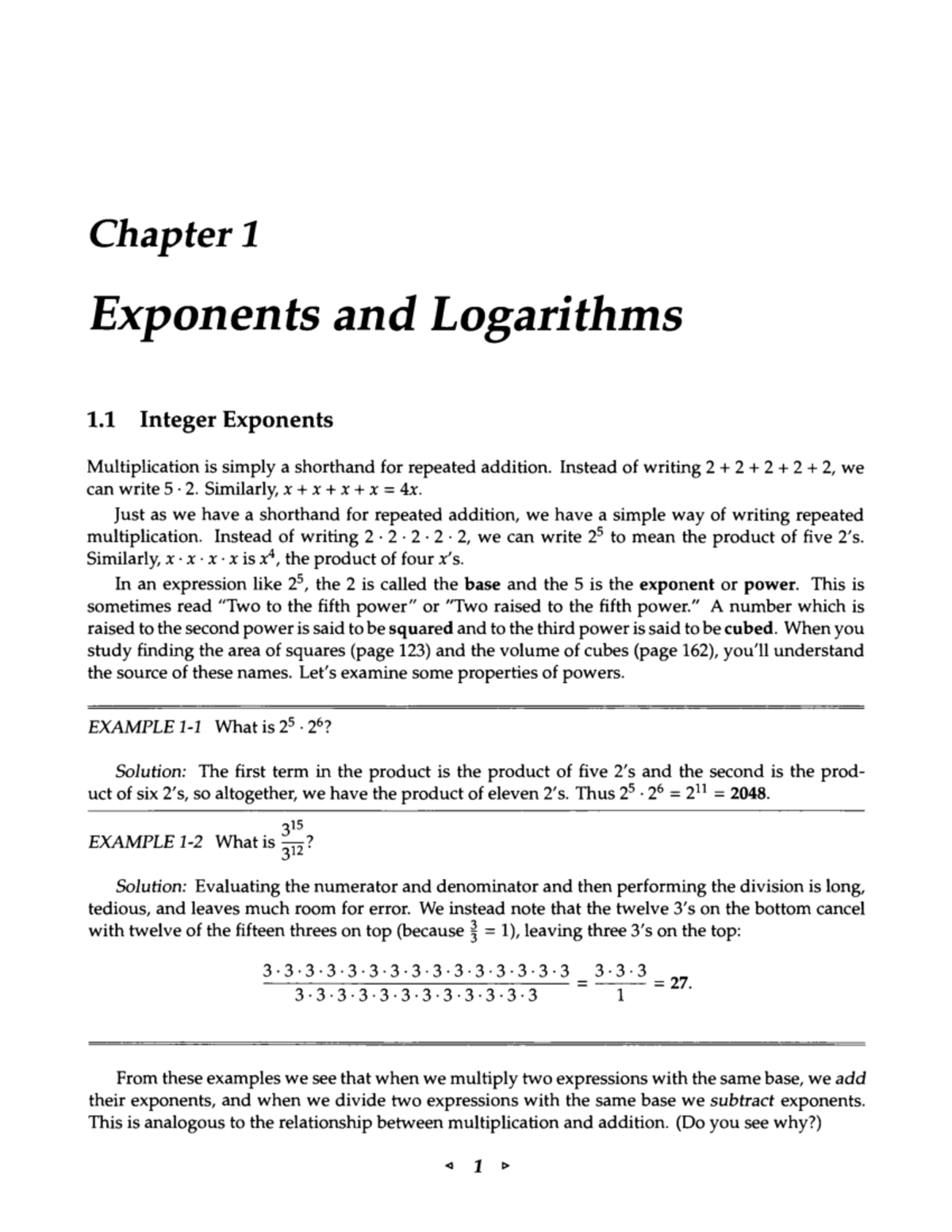 Chapters 1-3 algebra basics - Chapter 1 Exponents and Logarithms 1 ...