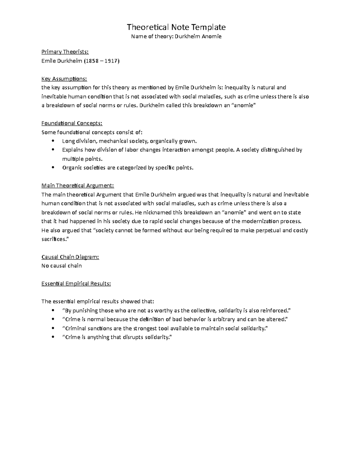 Durkiem Anomie Note Template - Theoretical Note Template Name of theory ...