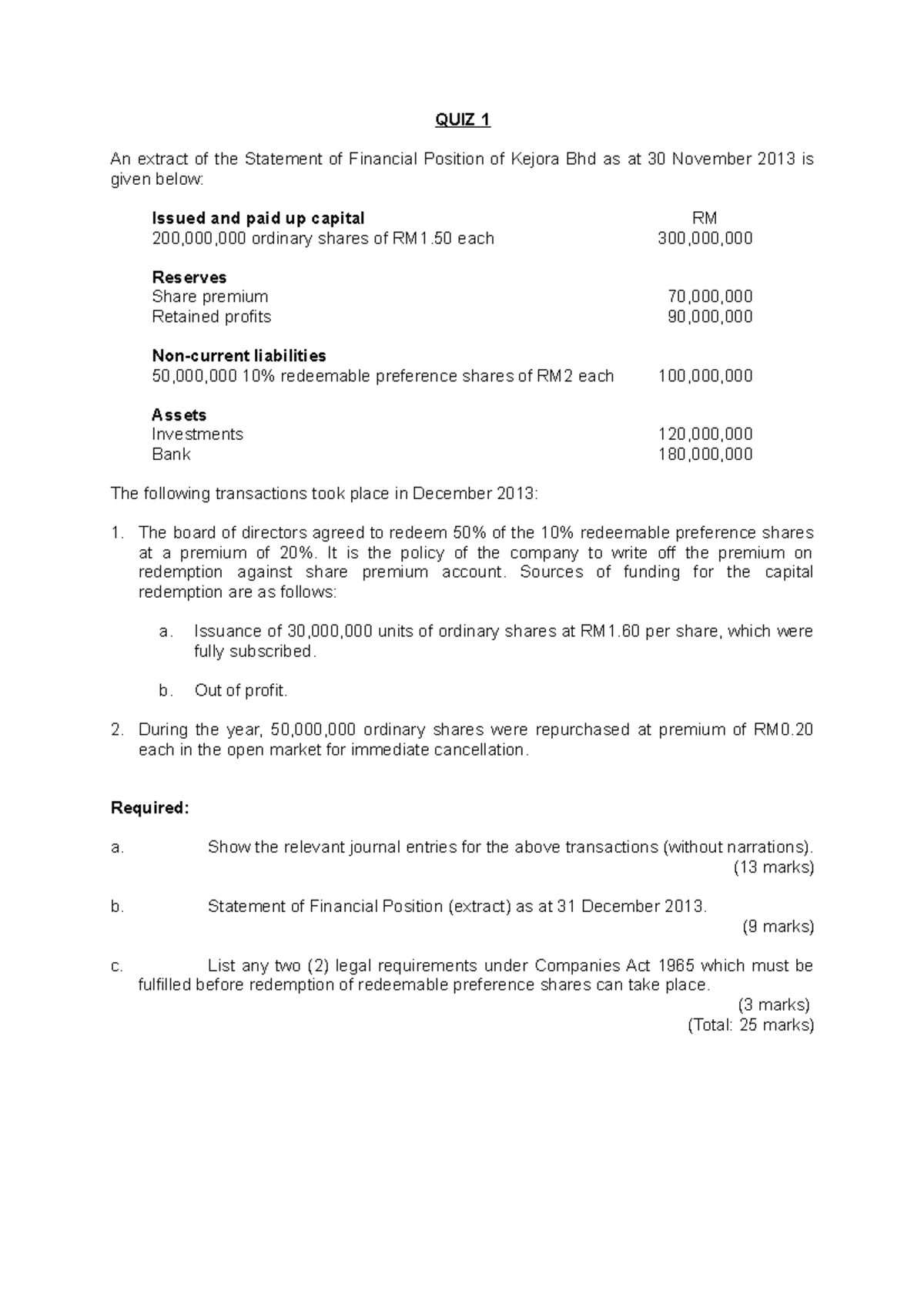 QUIZ 1 - Financial Accounting - QUIZ 1 An extract of the Statement of ...