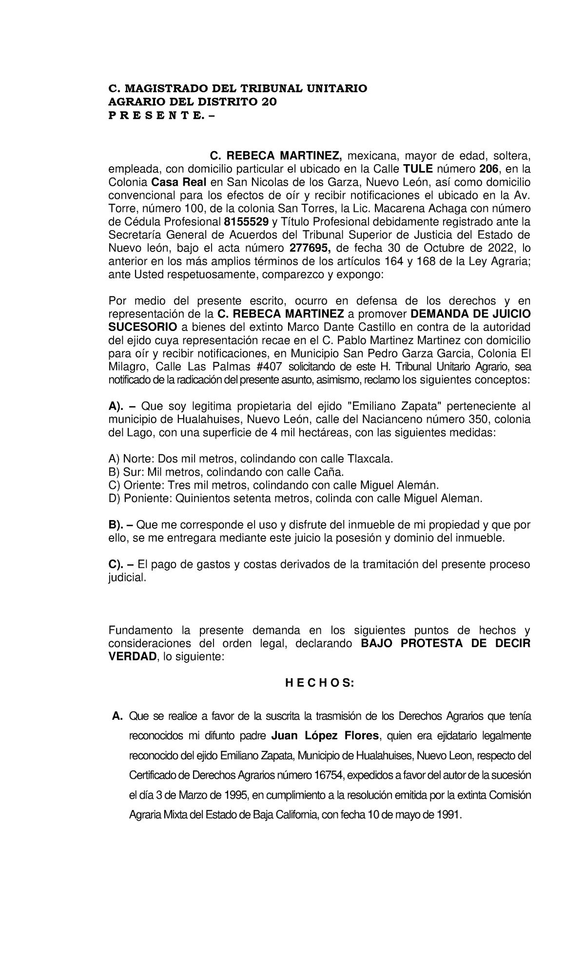 Demanda agraria - C. MAGISTRADO DEL TRIBUNAL UNITARIO AGRARIO DEL ...