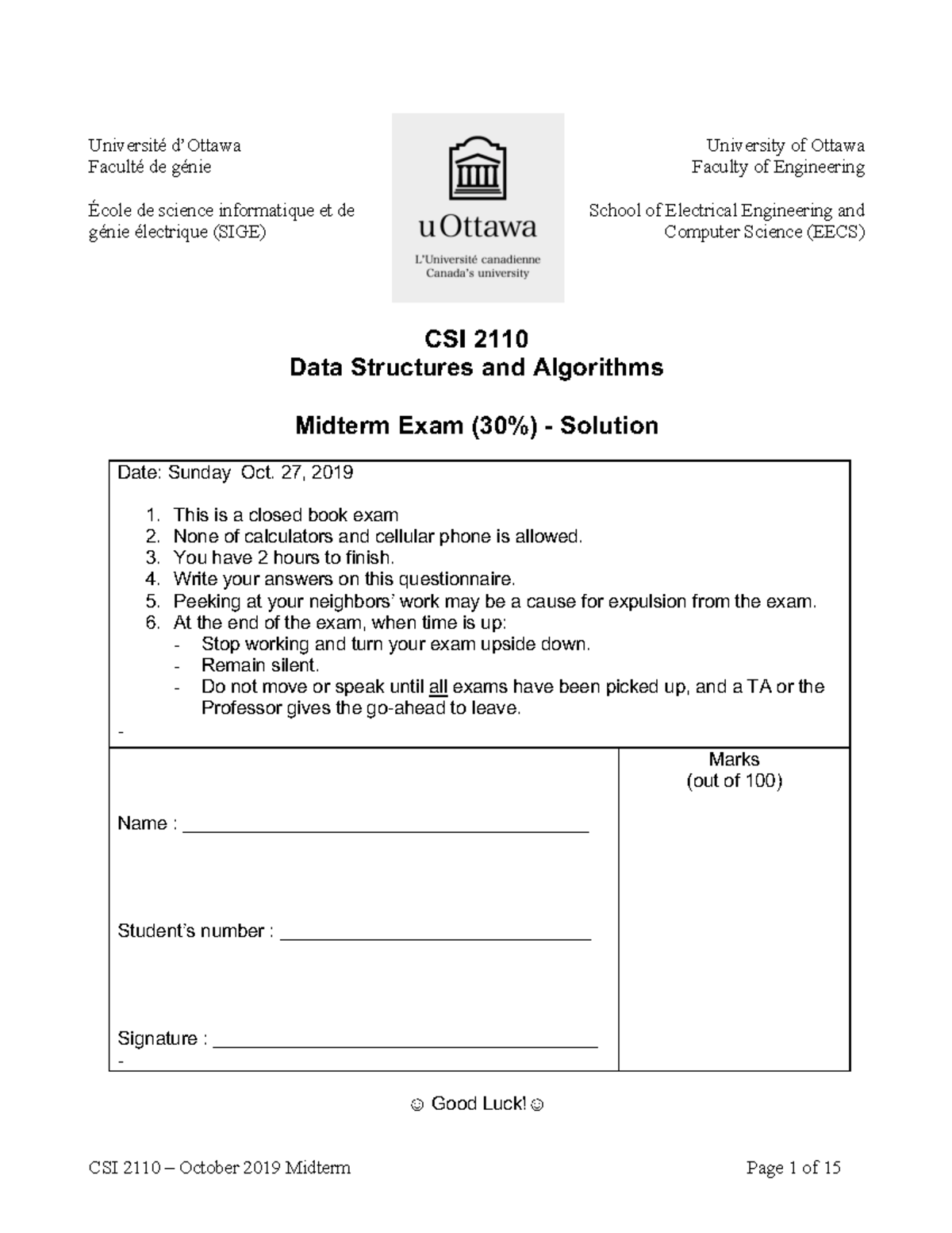 Midterm 10 October 2019, questions and answers - CSI 2110 – October 2019 Midterm Page 1 of 15 ...