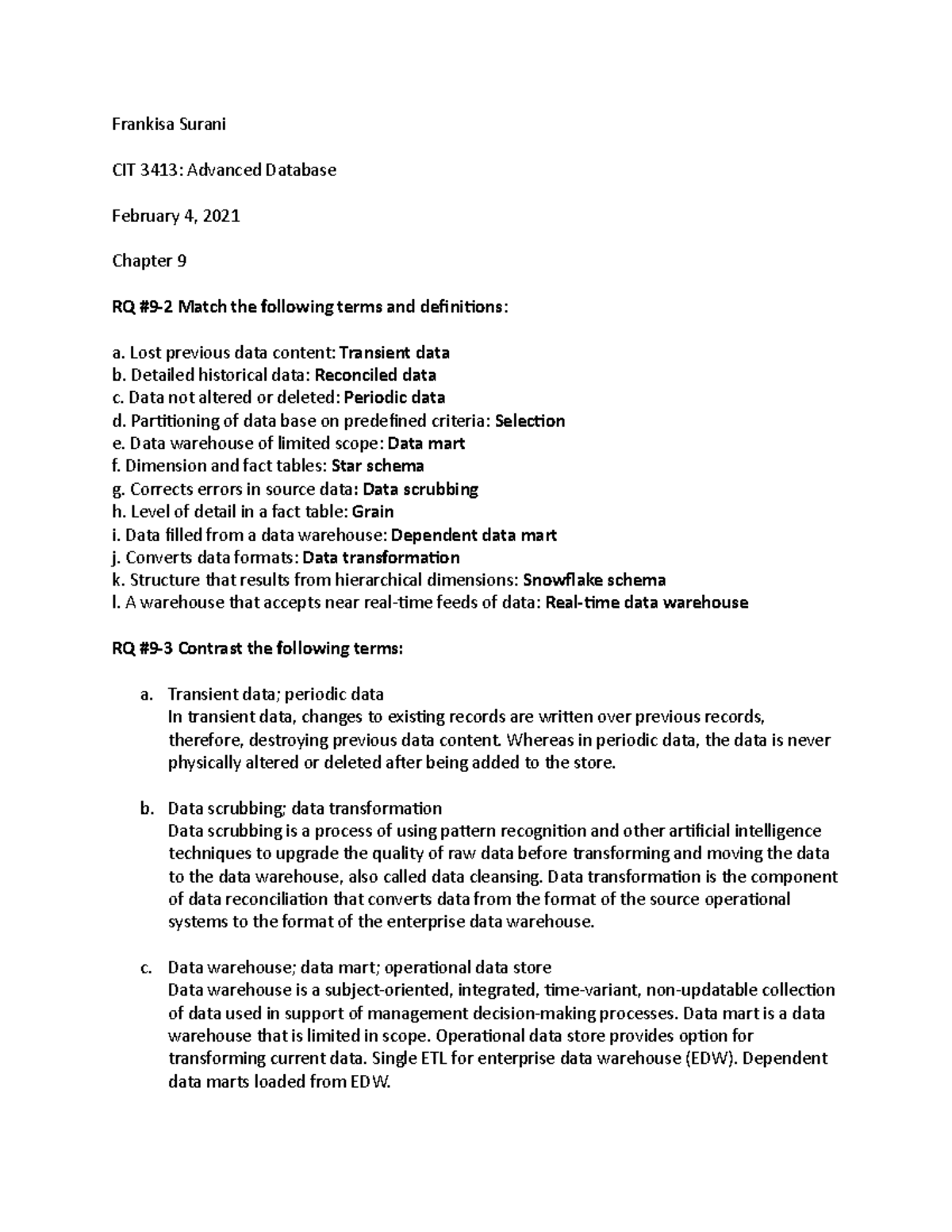Homework Chapter 9 - Frankisa Surani CIT 3413: Advanced Database ...