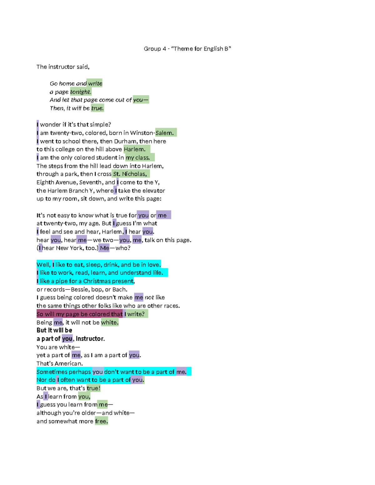 Group 4 - “Theme for English B” - And let that page come out of you ...