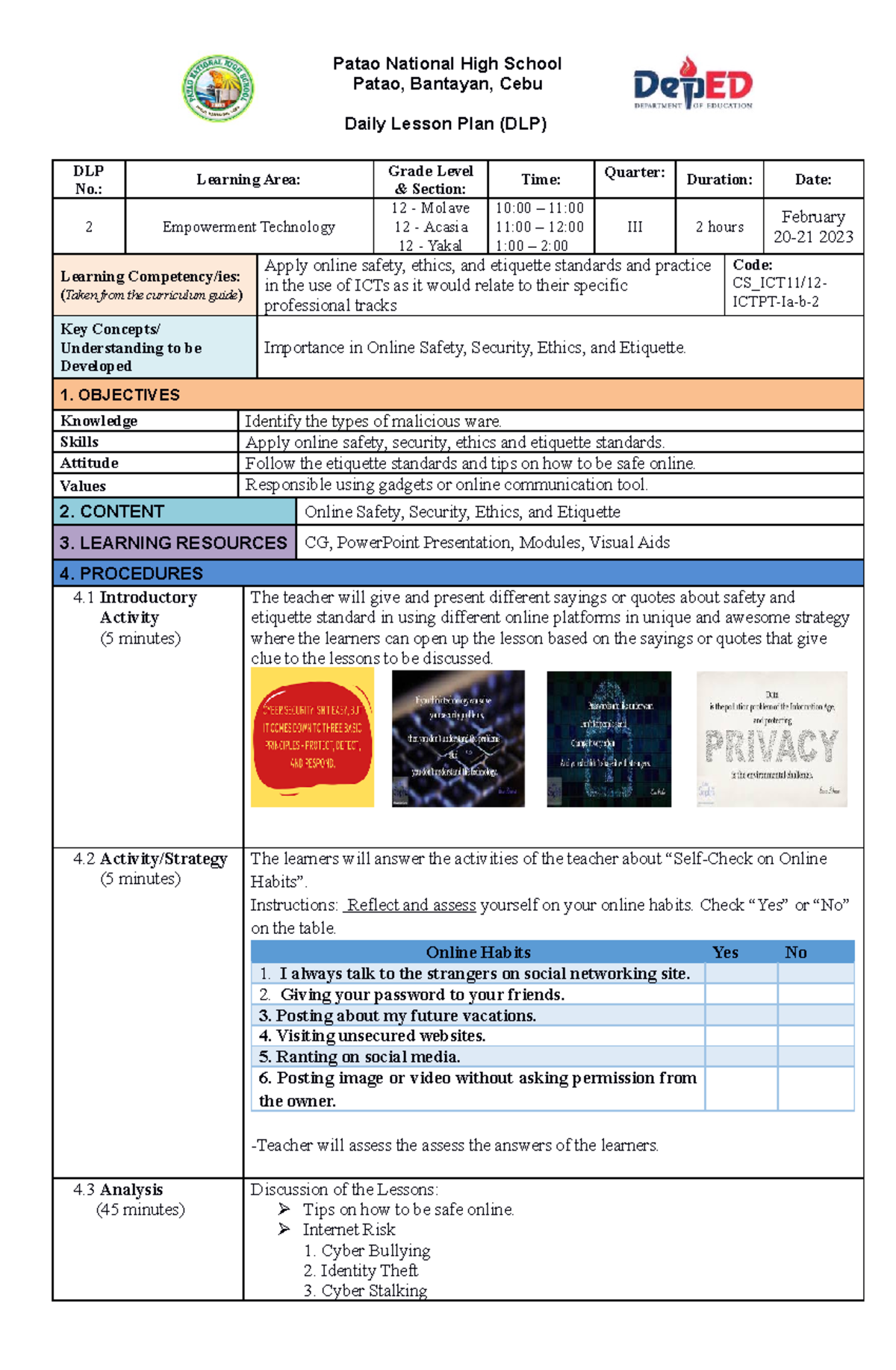 L2 Empowerment DLP - Lesson Plan - Patao National High School Patao ...