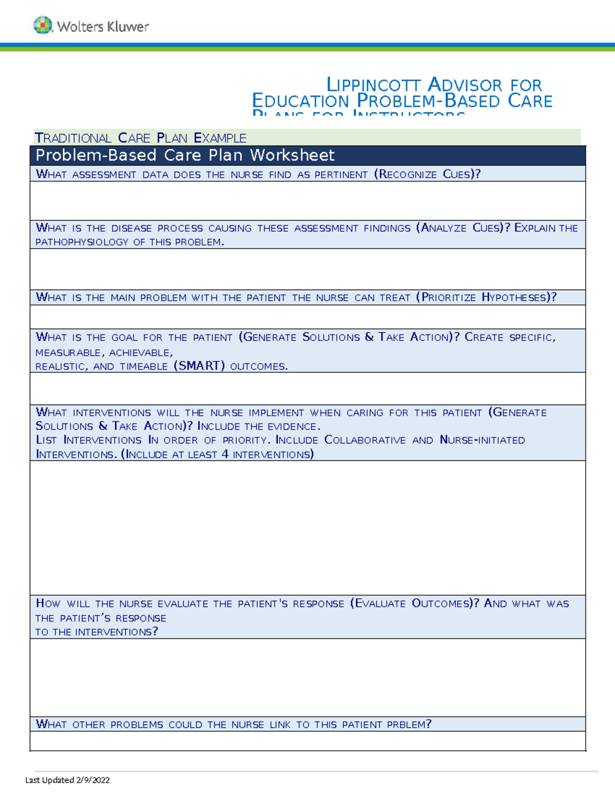 Nursery - Homework - TRADITIONAL CARE PLAN EXAMPLE Problem-Based Care ...