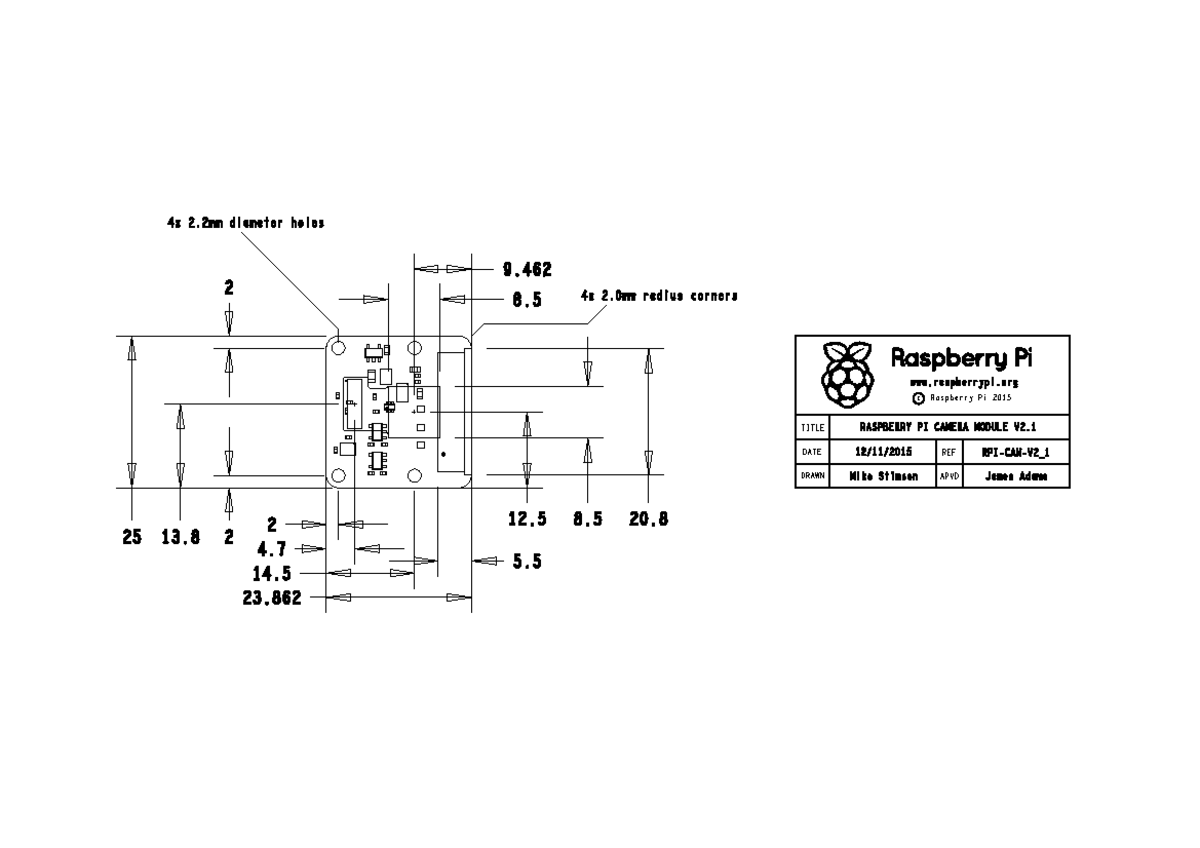 Camera v2 mechanical drawing - Data Communication - 4x 2 diameter holes ...