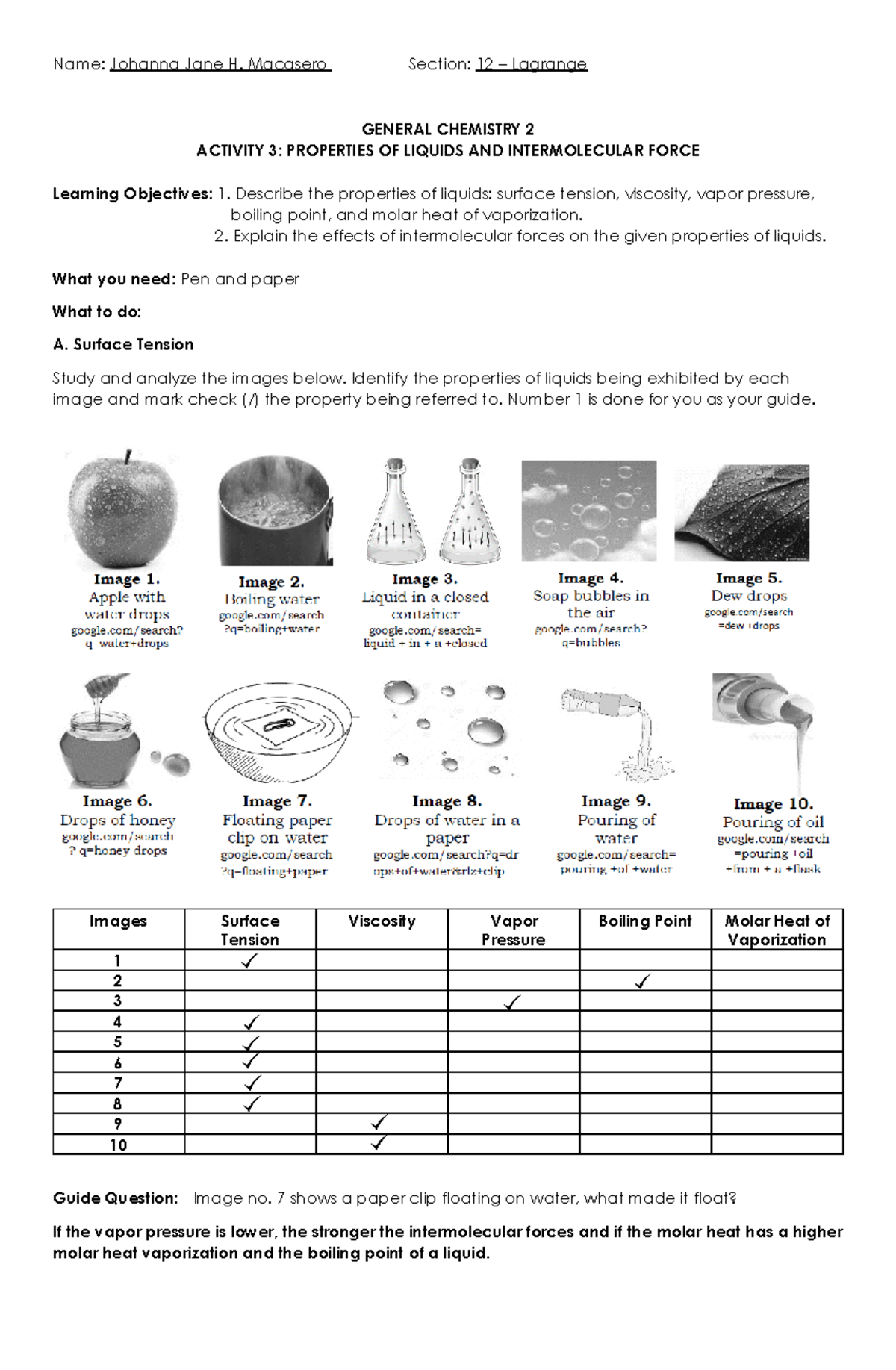 Liquids and imfa activity - Name: Johanna Jane H. Macasero Section: 12 ...