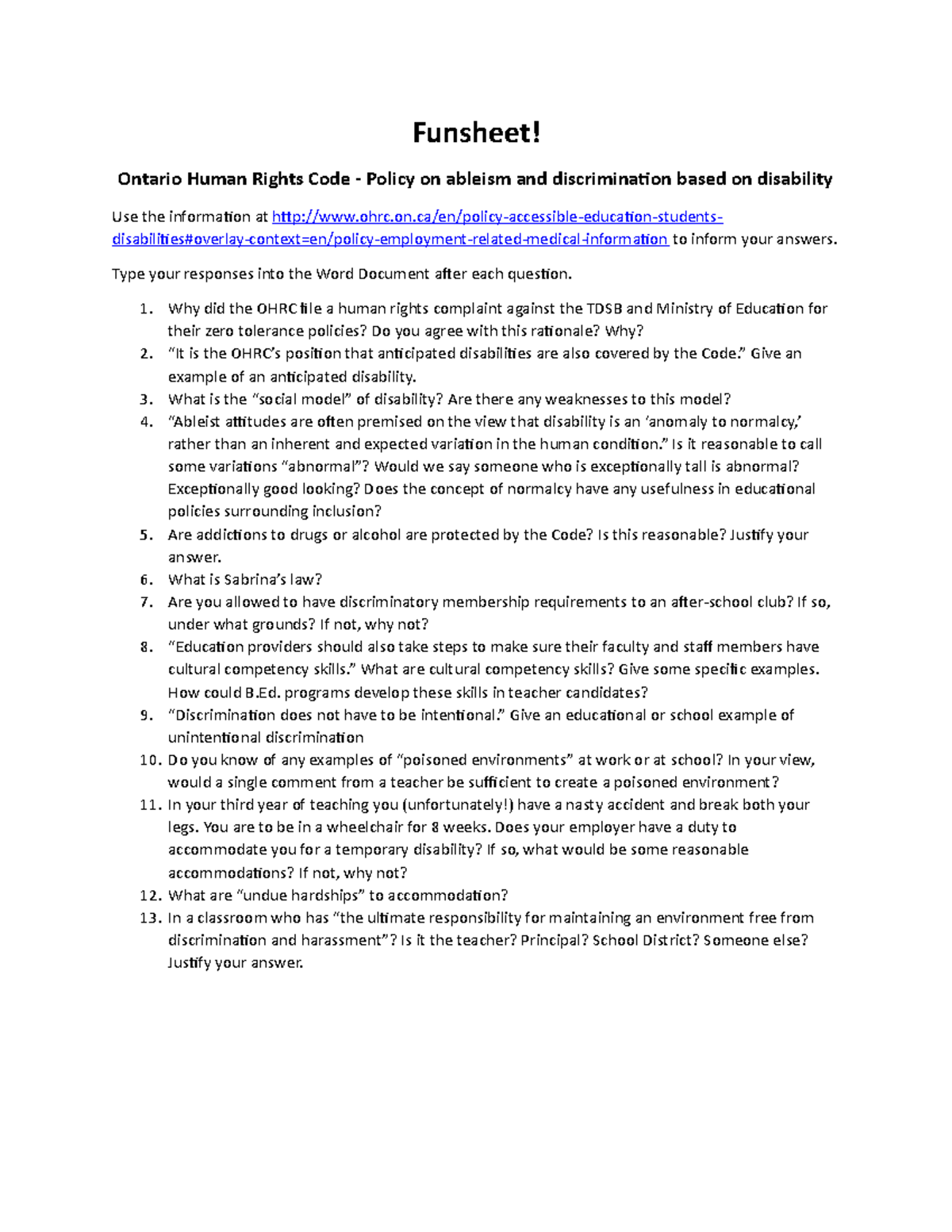 Ontario Human Rights Code Funsheet Manditory Assignment - Funsheet ...