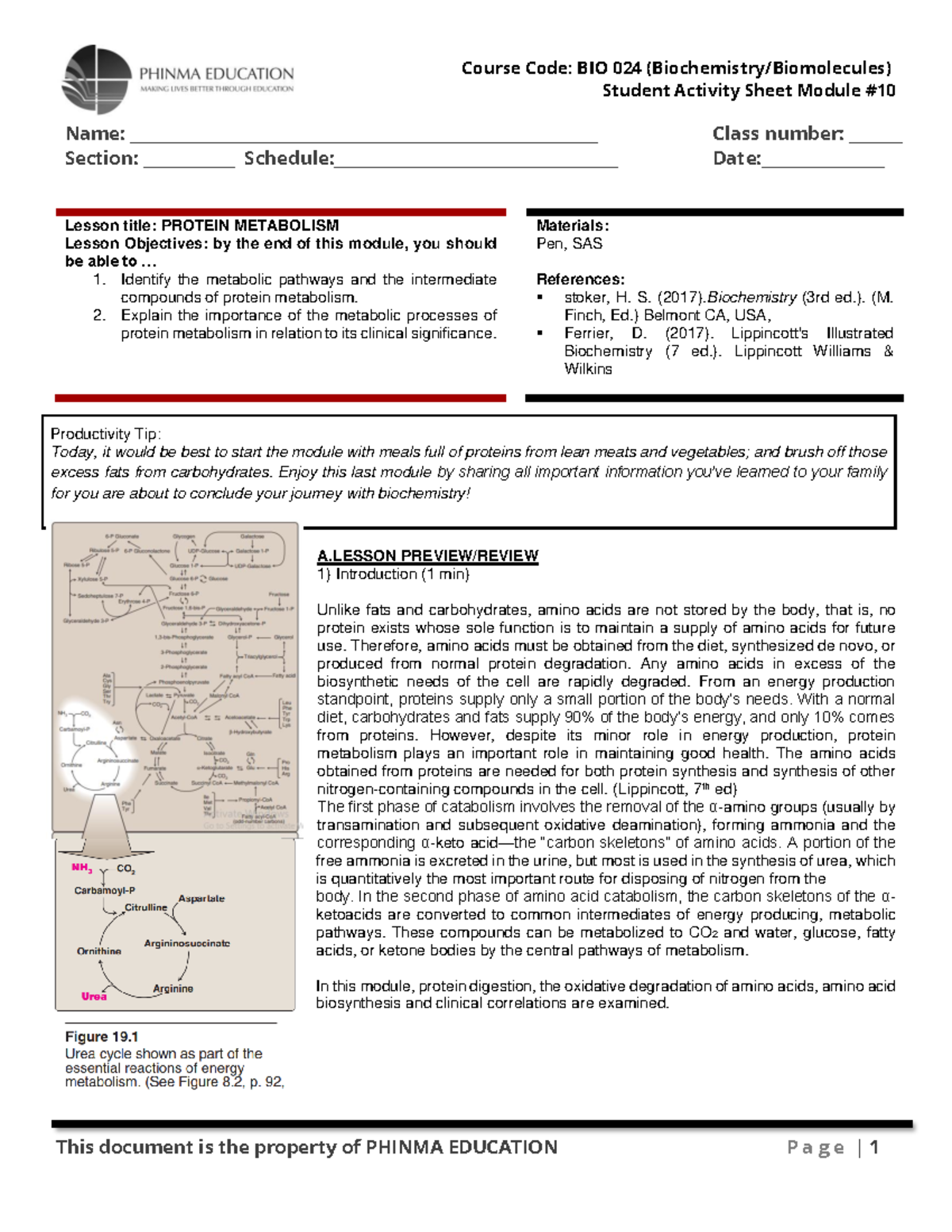 SAS for Biochemistry (BIO 024) Module #10 - Student Activity Sheet Module Name: - Studocu