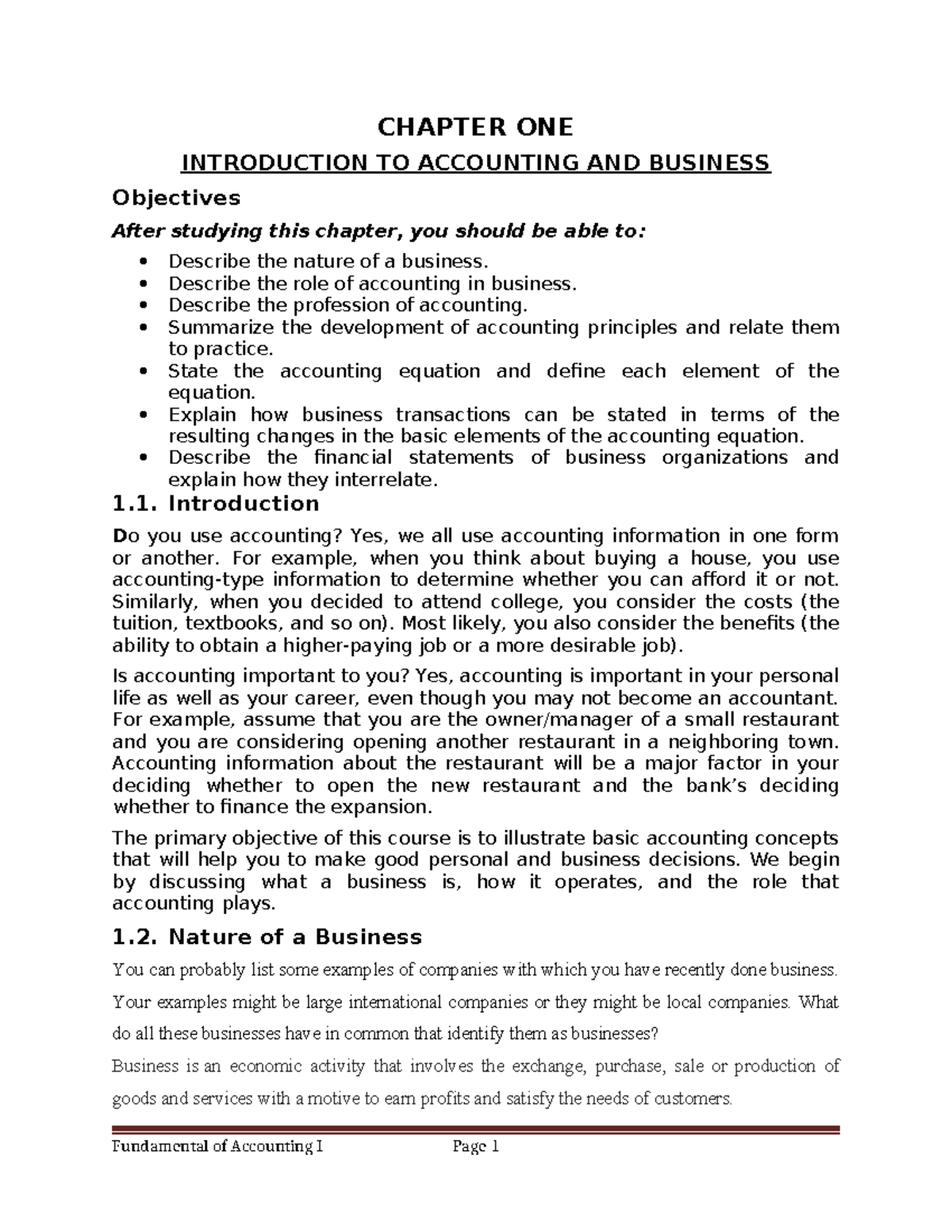 Chapter 1 fundamental of accounting - CHAPTER ONE INTRODUCTION TO ...