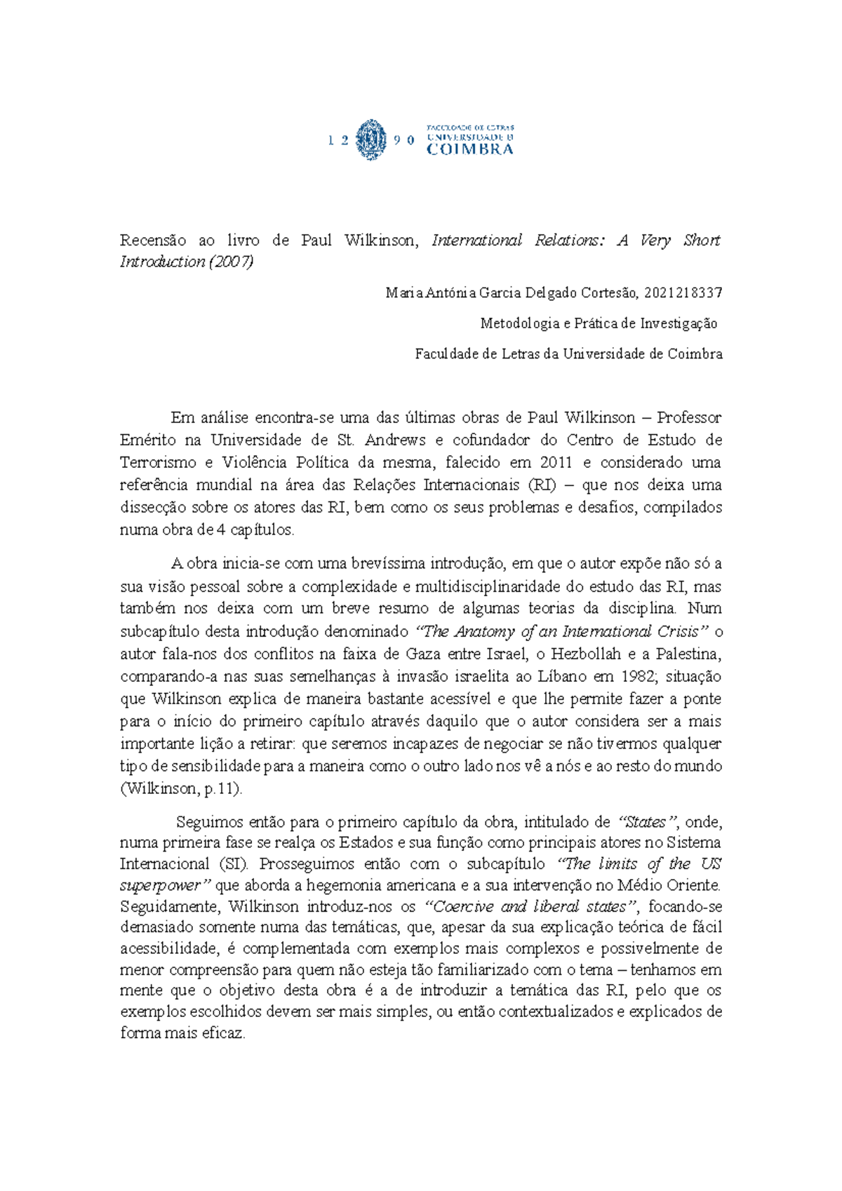 Recensão Crítica - Recensão ao livro de Paul Wilkinson, International ...