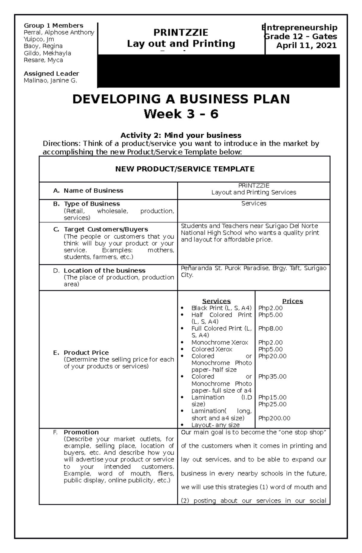 Entrepreneurship Activity 2 and 3 - DEVELOPING A BUSINESS PLAN Week 3 ...