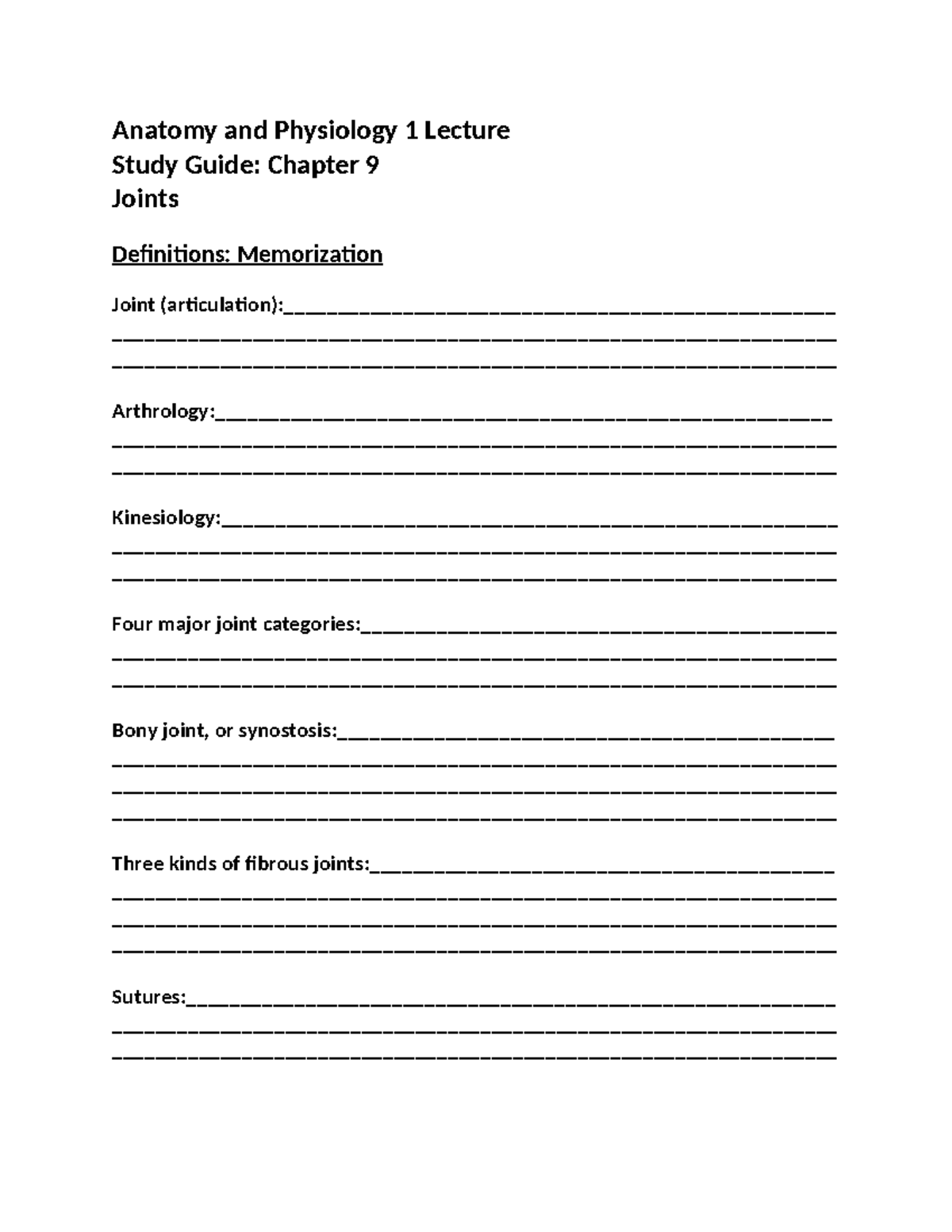 Anatomy ch 9 - Study guide - Anatomy and Physiology 1 Lecture Study ...