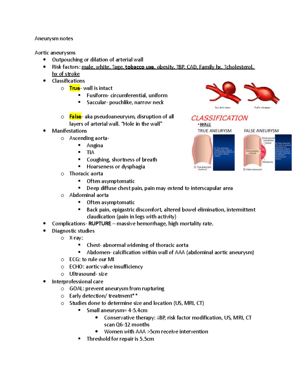 Aortic Aneurysm and dissection notes - Aneurysm notes Aortic aneurysms ...