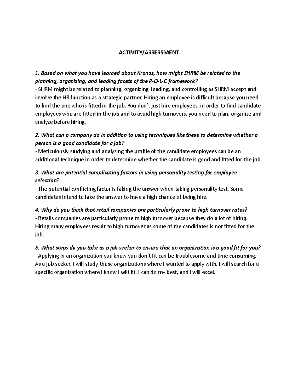 Strategic Human Resource Management - ACTIVITY/ASSESSMENT 1. Based on ...