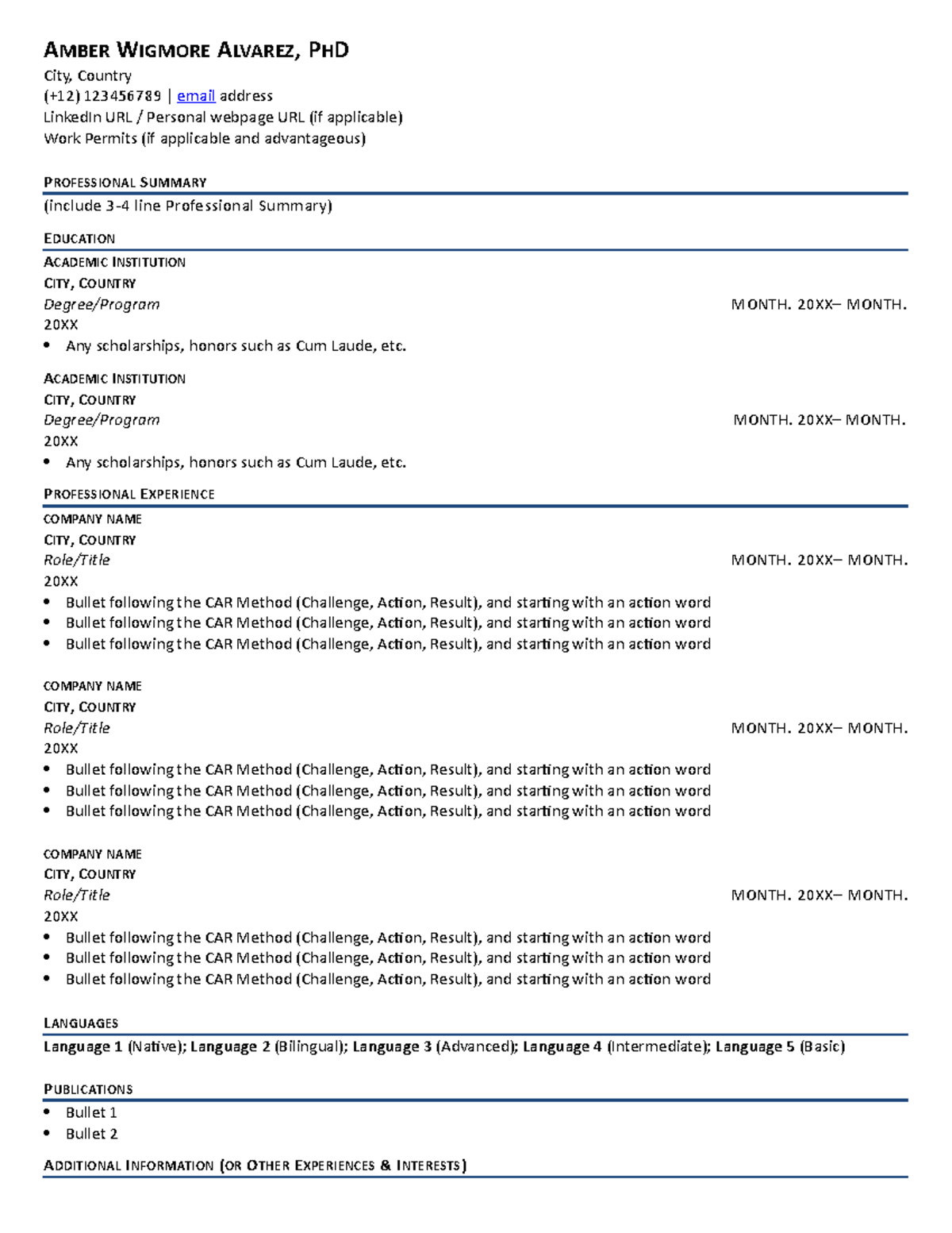 Highered CV Template - AMBER WIGMORE ALVAREZ, PHD City, Country (+12 ...