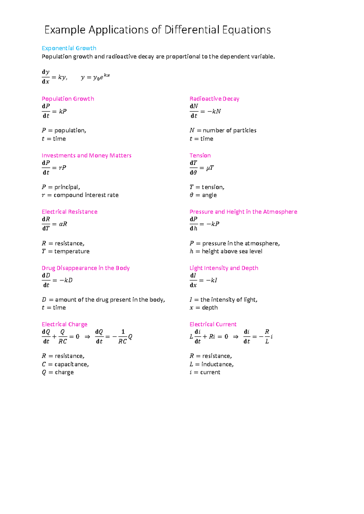 Example Applications of Differential Equations - Exponential Growth Population growth and - Studocu
