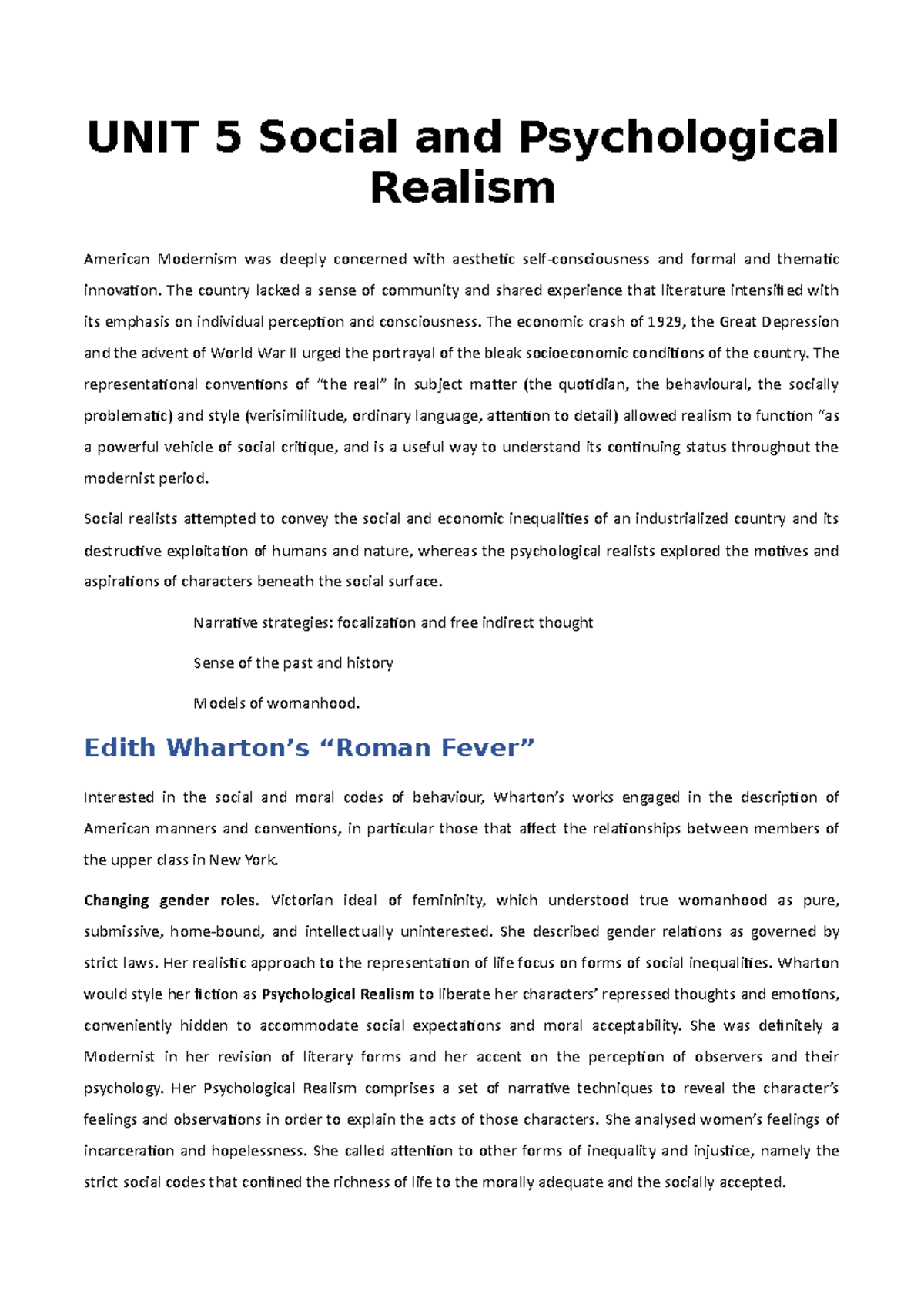 Unit 5 Social and Psychological Realism - UNIT 5 Social and ...