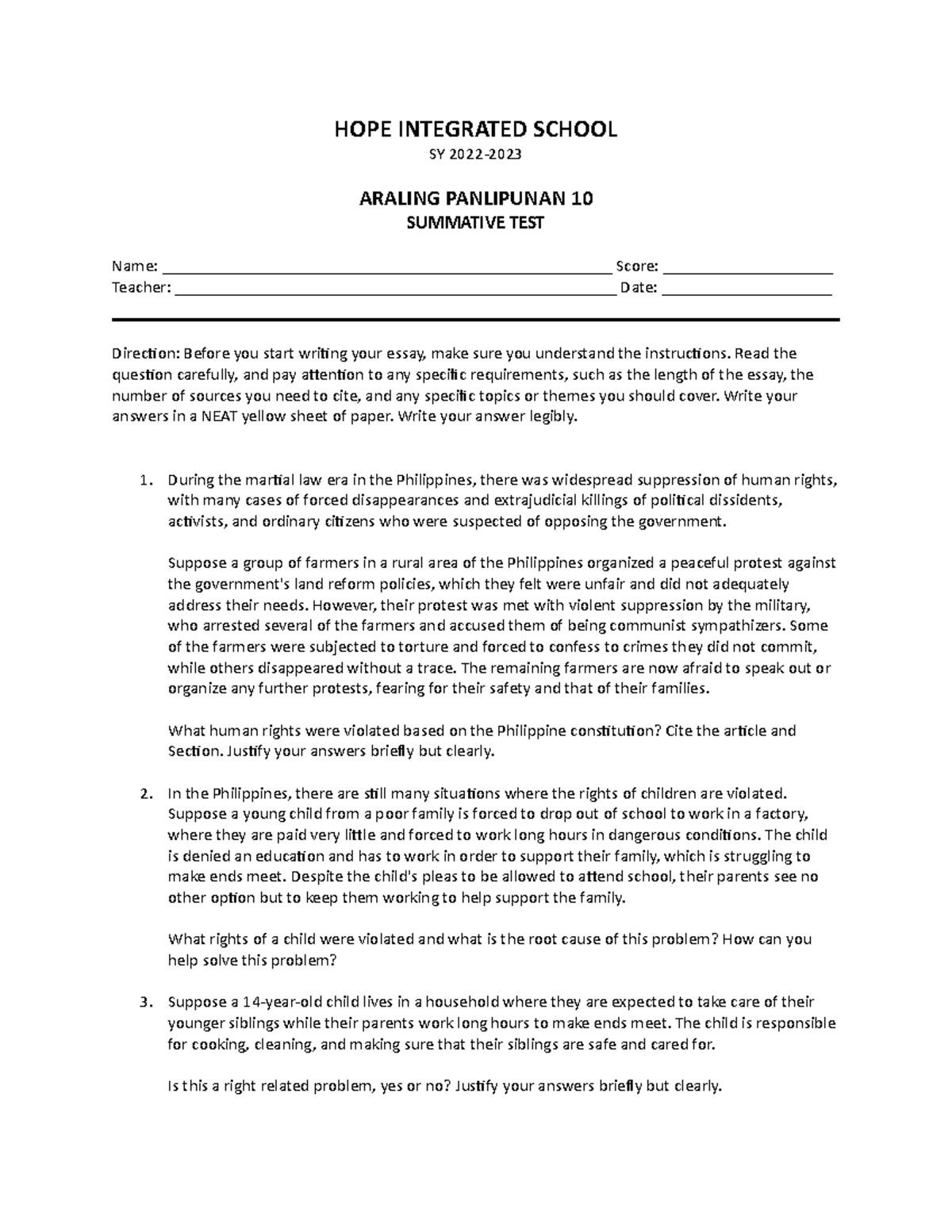 AP 10 Summative Test - CHAPTER QUIZ - HOPE INTEGRATED SCHOOL SY 2022 ...