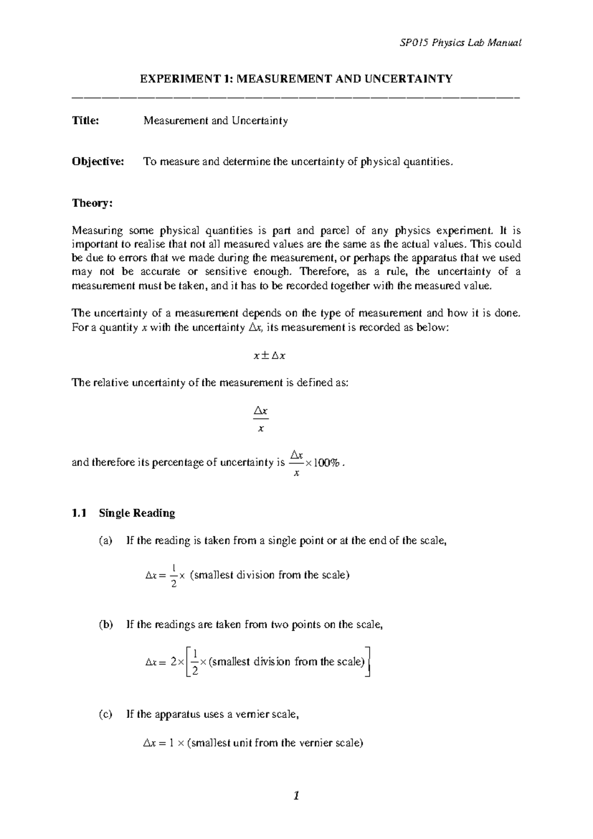 SP015 Expt 1 Measurement and Uncertainty - SP015 Physics Lab Manual 1 EXPERIMENT 1: MEASUREMENT ...